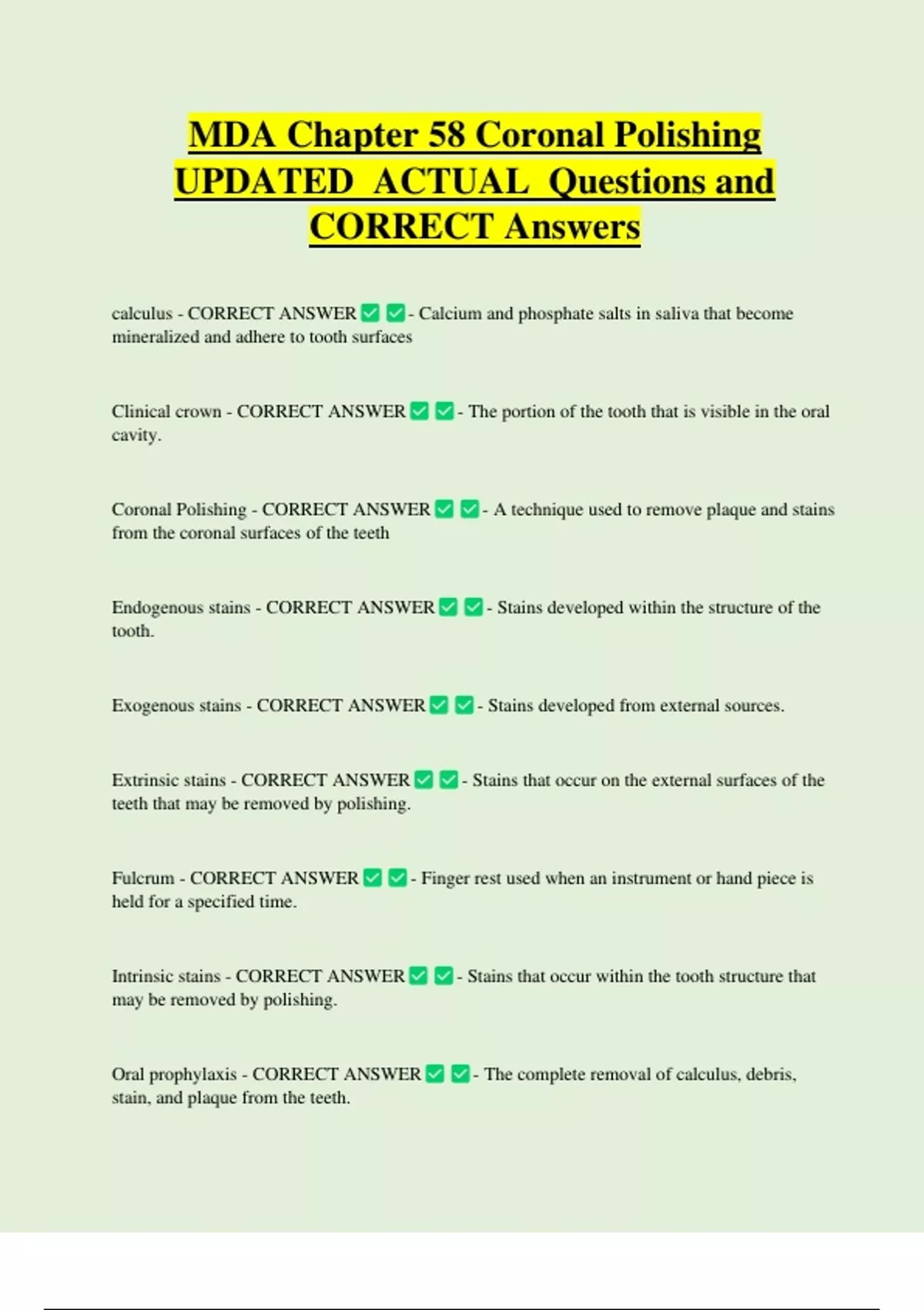 MDA Chapter 58 Coronal Polishing UPDATED ACTUAL Questions and CORRECT ...