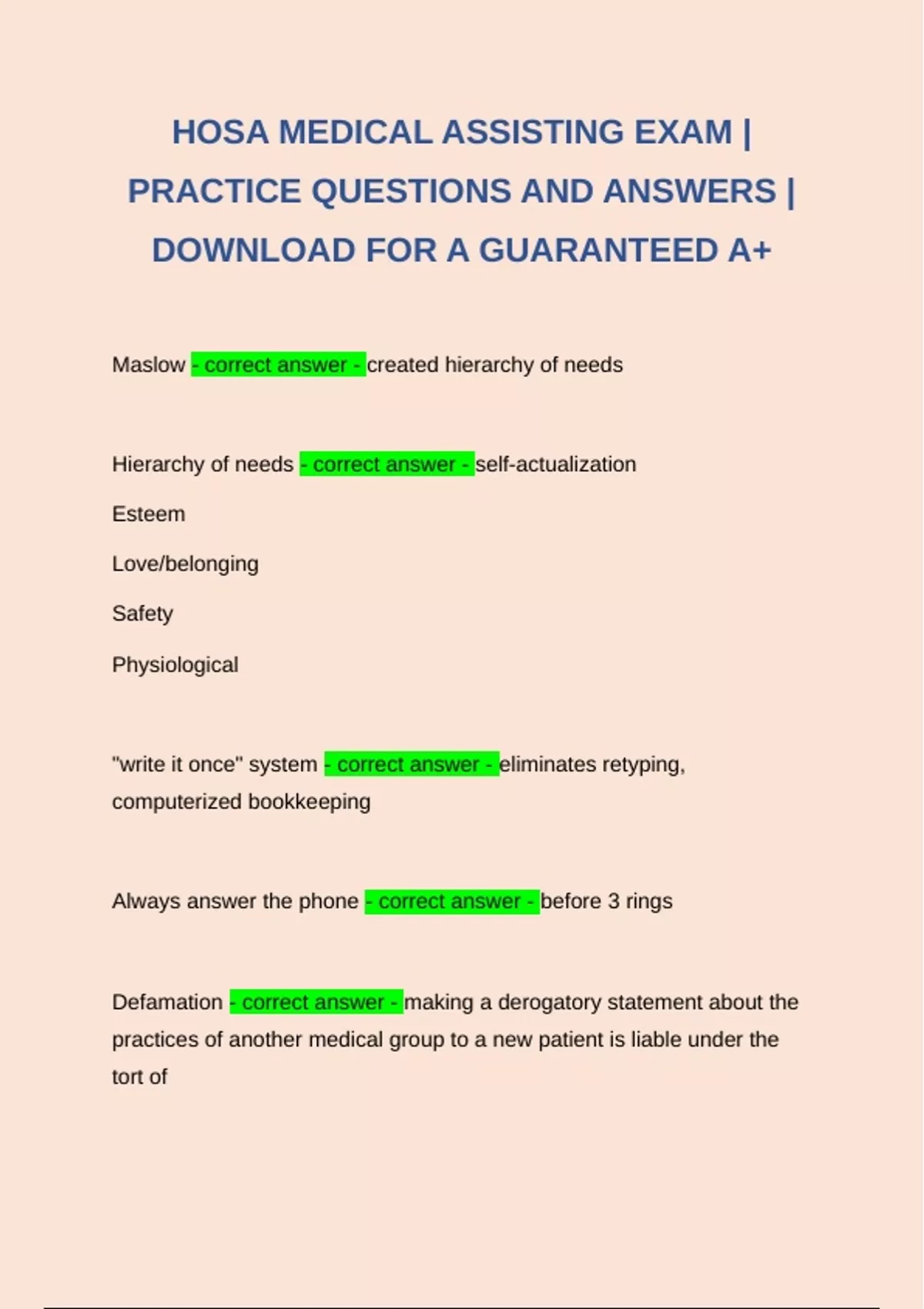 HOSA MEDICAL ASSISTING EXAM | PRACTICE QUESTIONS AND ANSWERS | DOWNLOAD ...