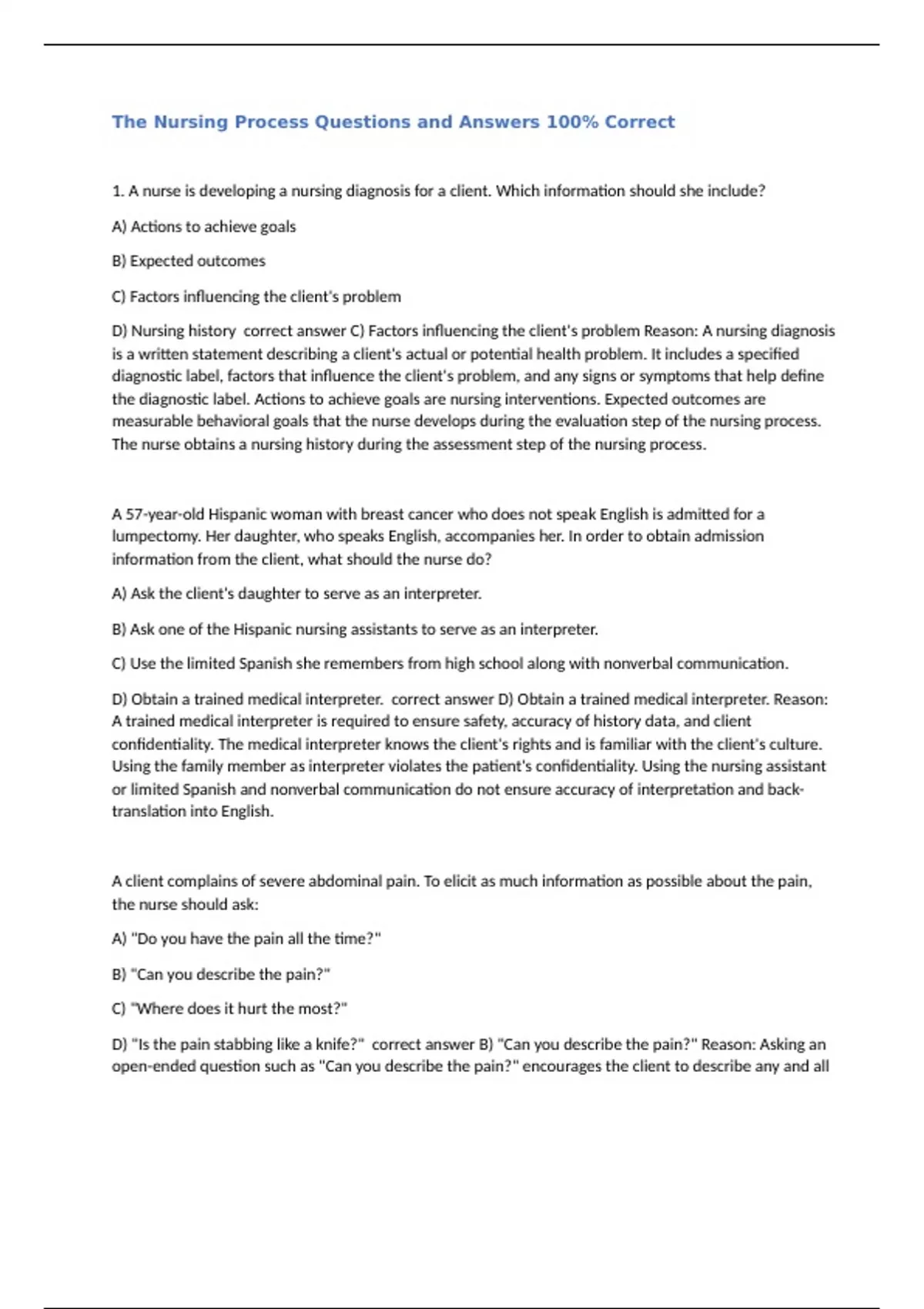 The Nursing Process Questions and Answers 100% Correct - The Nursing Process - Stuvia US