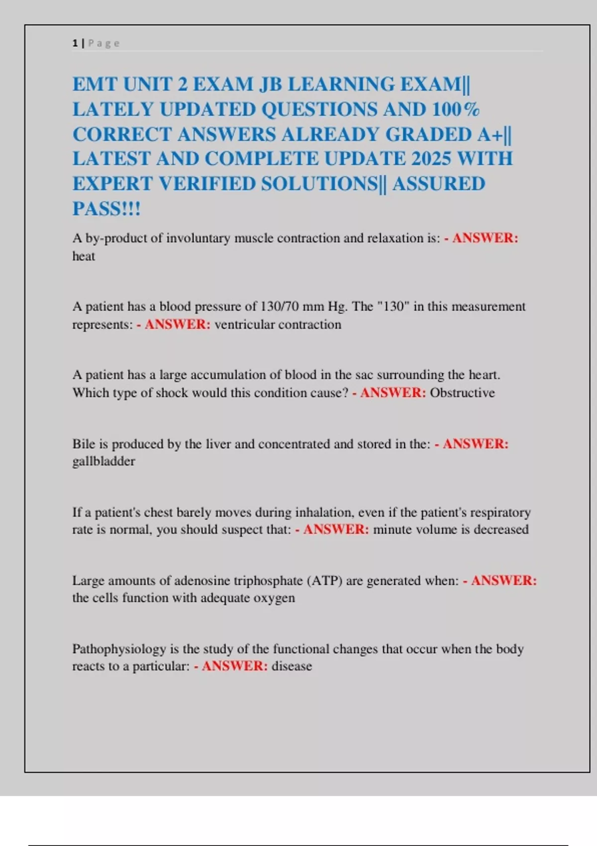 EMT UNIT 2 EXAM JB LEARNING EXAM|| LATELY UPDATED QUESTIONS AND 100% CORRECT ANSWERS ALREADY ...