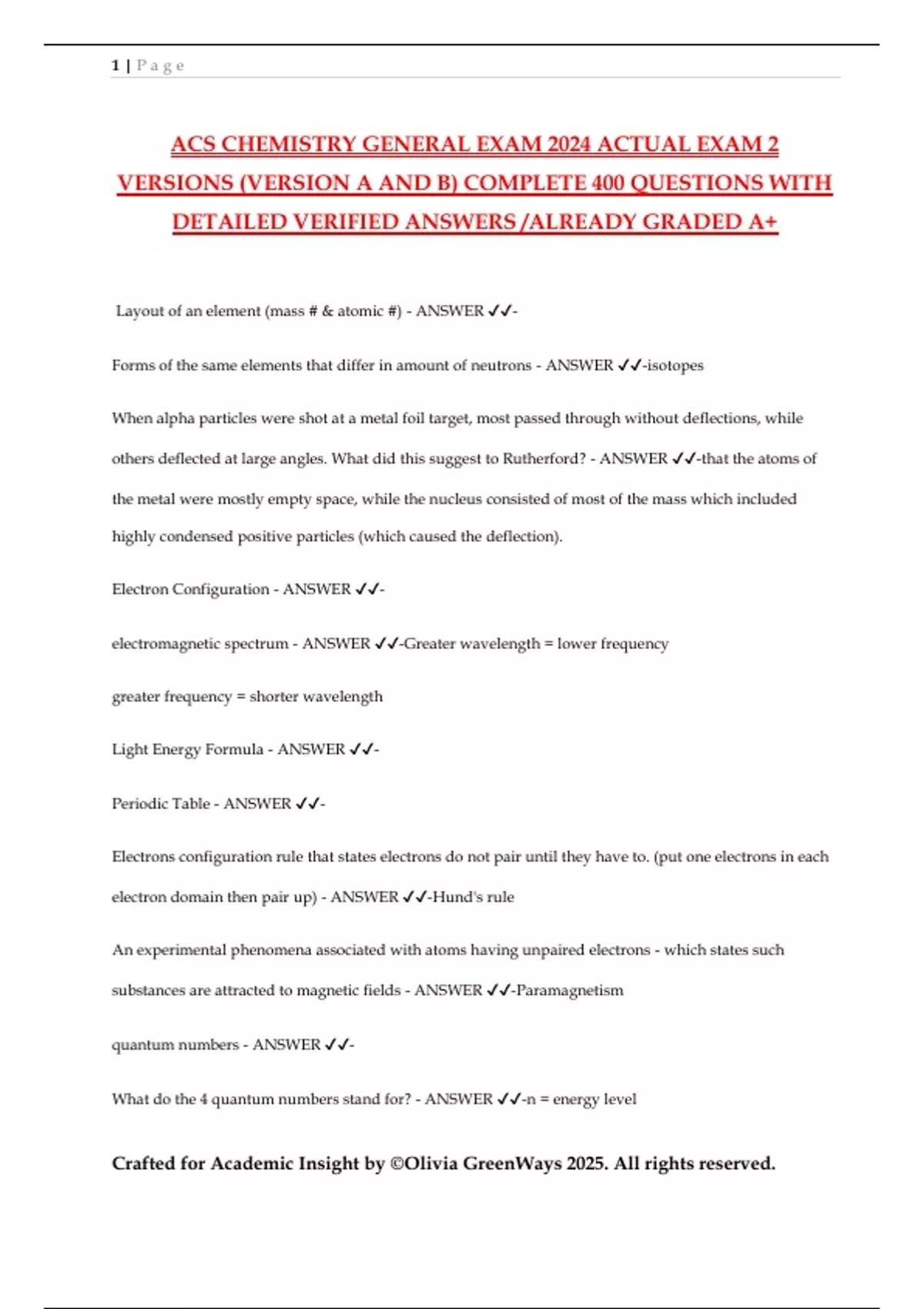 ACS CHEMISTRY GENERAL EXAM 2024 ACTUAL EXAM 2 VERSIONS (VERSION A AND B ...