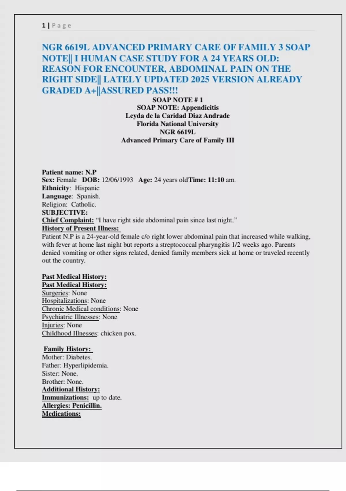 NGR 6619L ADVANCED PRIMARY CARE OF FAMILY 3 SOAP NOTE|| I HUMAN CASE STUDY FOR A 24 YEARS OLD ...