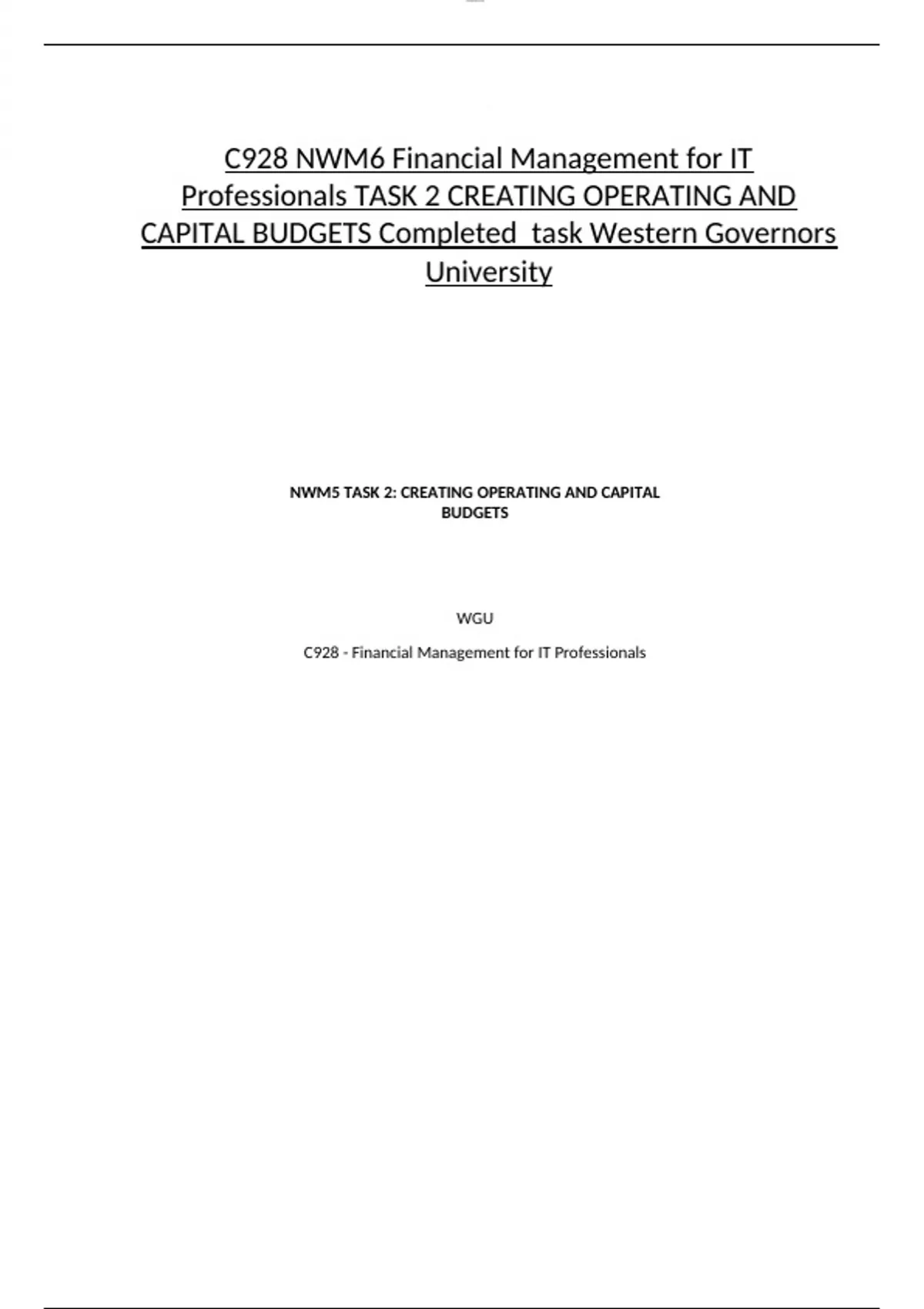 C928 NWM6 Financial Management for IT Professionals TASK 2 CREATING OPERATING AND CAPITAL ...