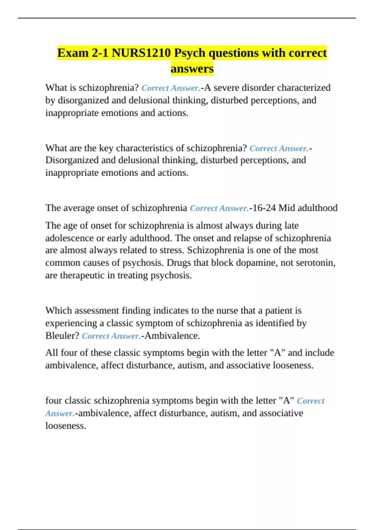 Exam 2-1 NURS1210 Psych questions with correct answers - RN- Nursing ...