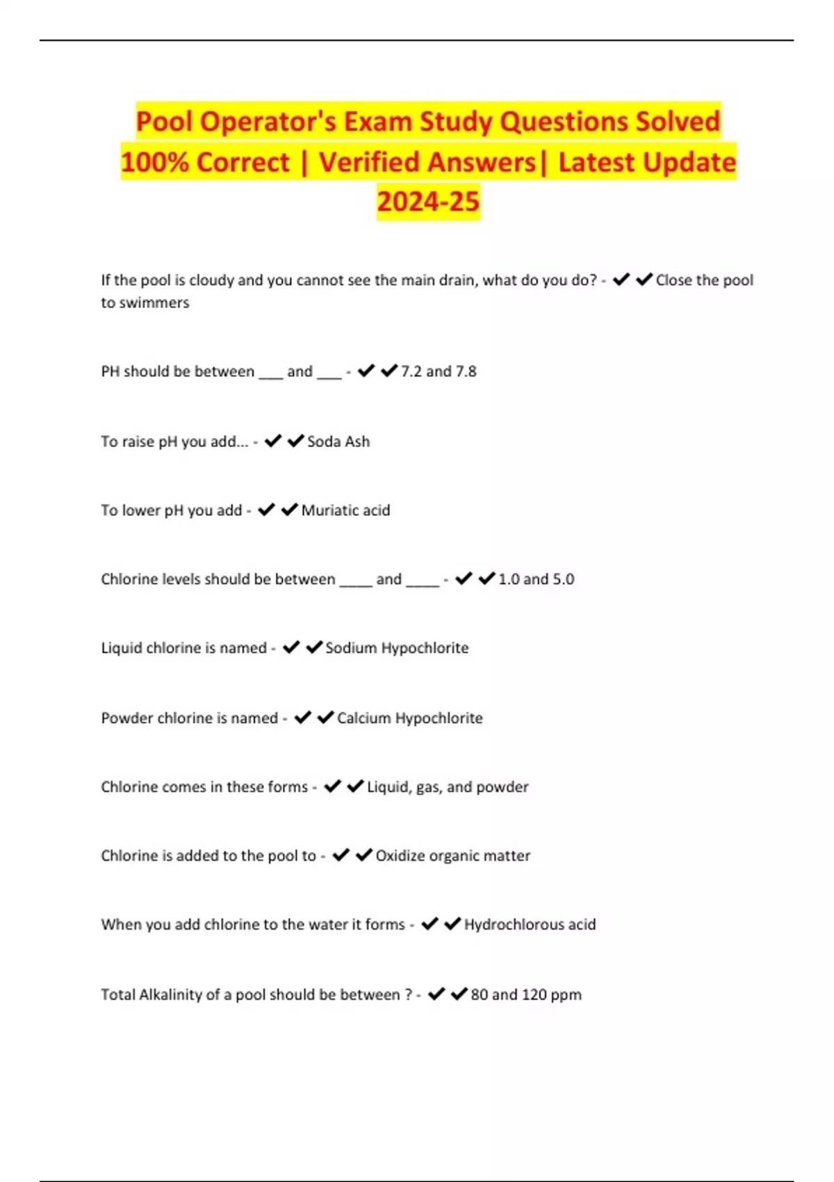 Pool Operator's Exam Study Questions Solved 100% Correct | Verified ...
