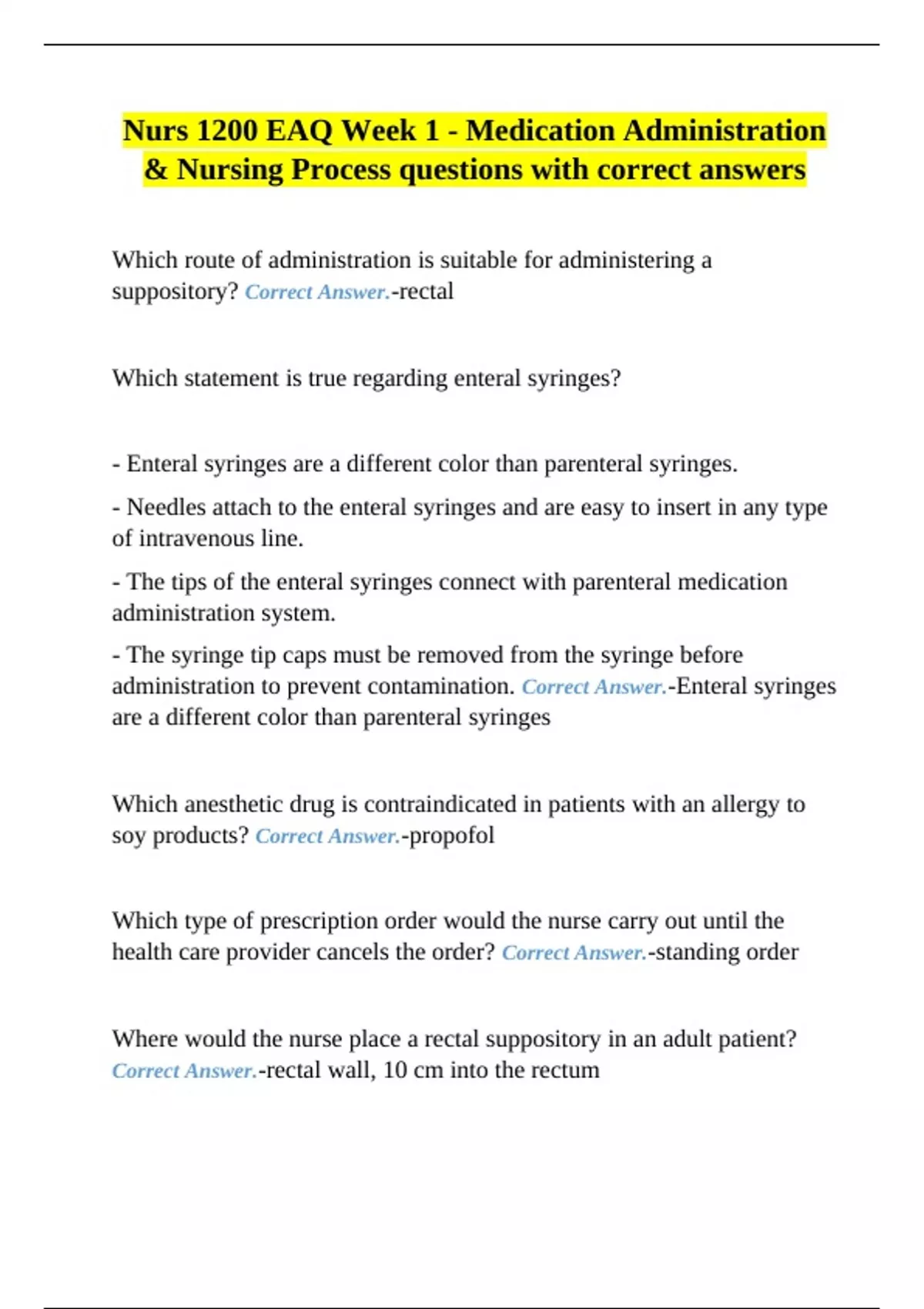 Nurs 1200 EAQ Week 1 - Medication Administration & Nursing Process ...