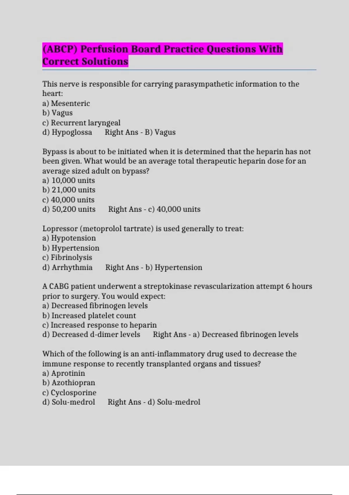 (ABCP) Perfusion Board Practice Questions With Correct Solutions - ABCP ...