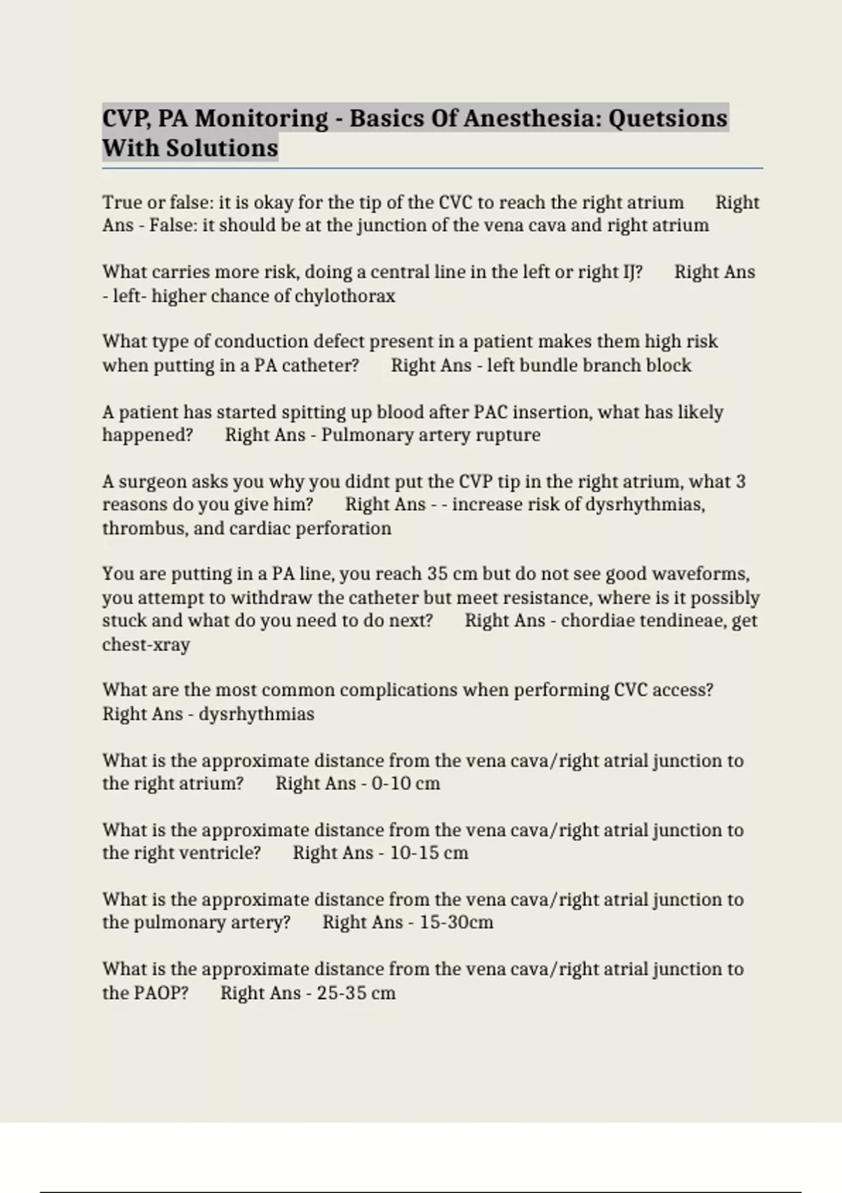 CVP, PA Monitoring - Basics Of Anesthesia: Questions With Solutions ...