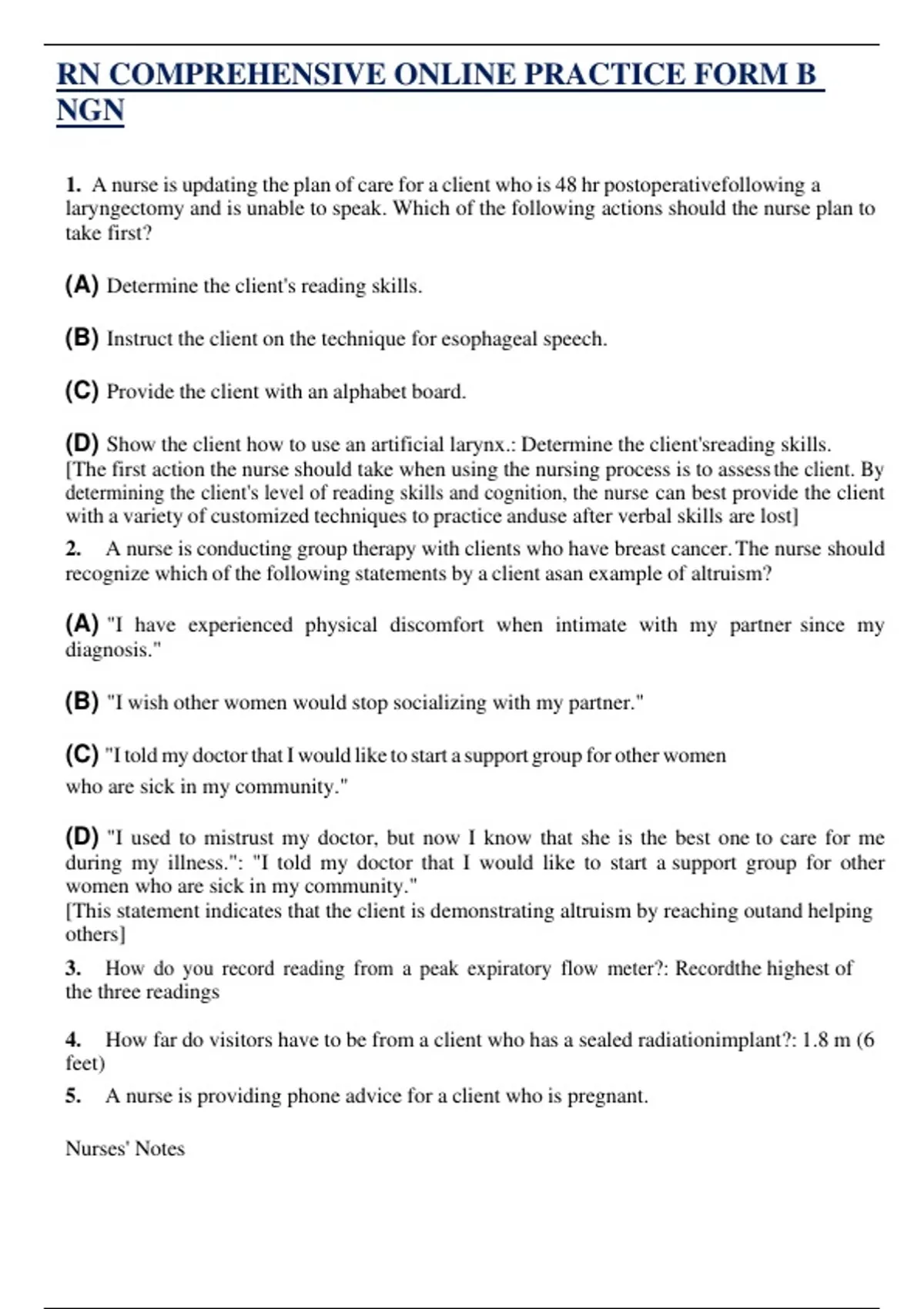 RN COMPREHENSIVE ONLINE PRACTICE FORM B NGN 2024/2025 | QUESTIONS WITH ...
