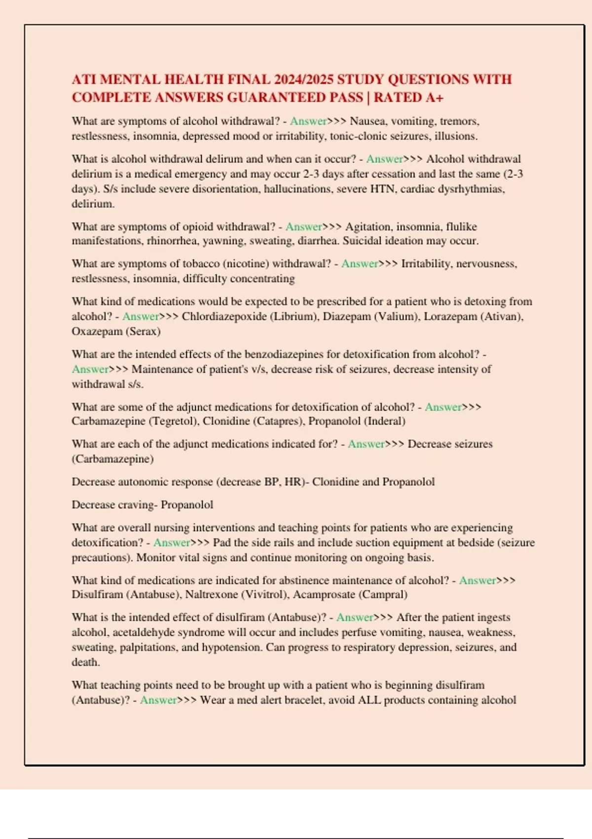 ATI MENTAL HEALTH FINAL 2024/2025 STUDY QUESTIONS WITH COMPLETE ANSWERS GUARANTEED PASS | RATED ...