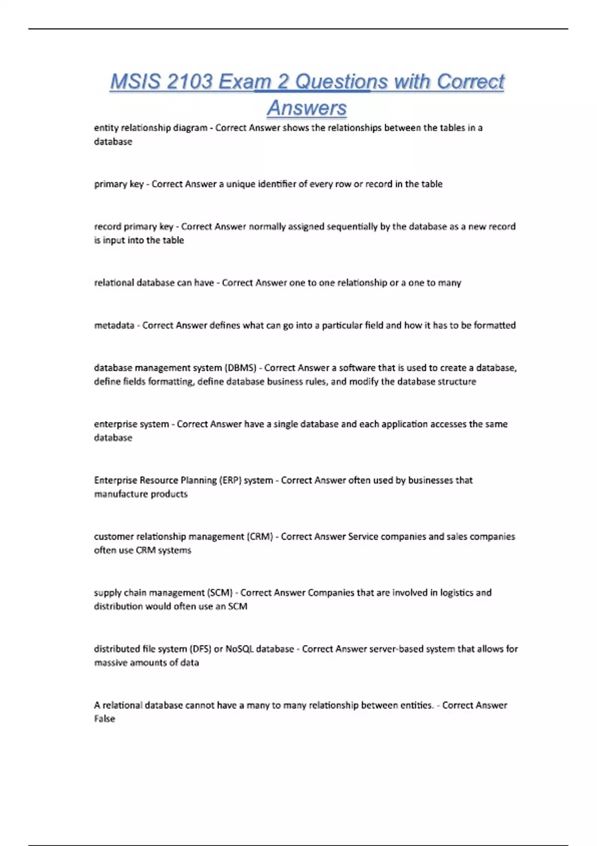 MSIS 2103 Exam 2 Questions with Correct Answers - MSIS 2103 - Stuvia US