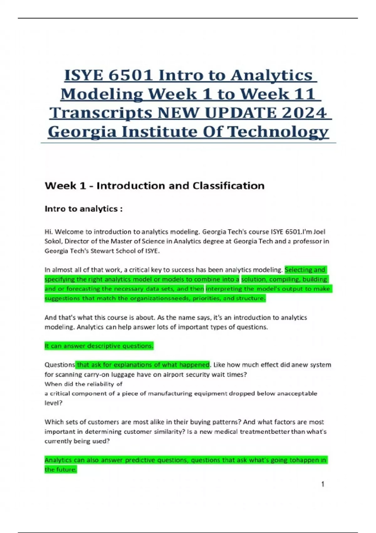 ISYE 6501 Intro to Analytics Modeling |Week 1 to Week 11 |Transcripts NEW UPDATE 2024 Georgia ...