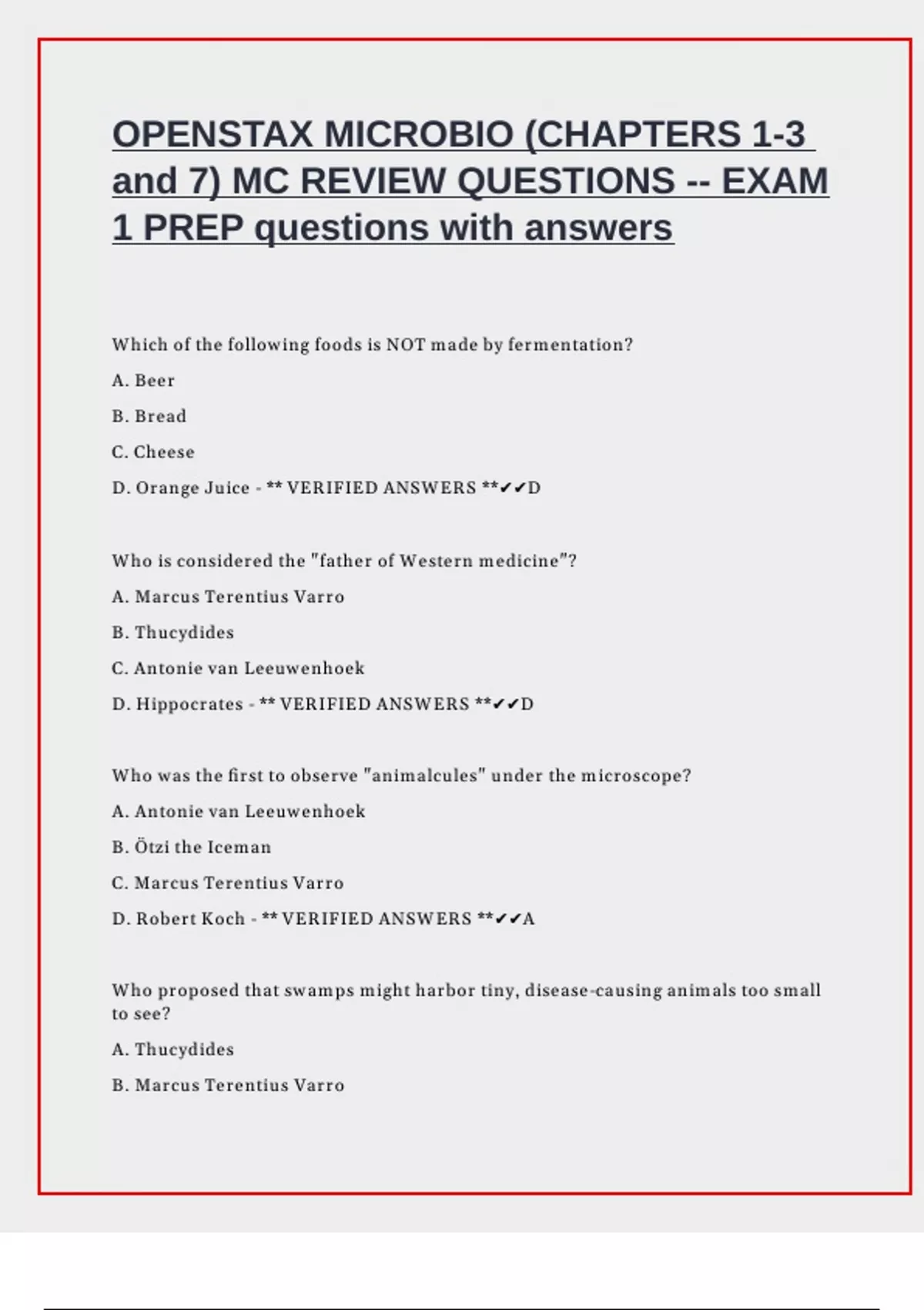 OPENSTAX MICROBIO (CHAPTERS 1-3 and 7) MC REVIEW QUESTIONS -- EXAM 1 PREP questions with answers ...