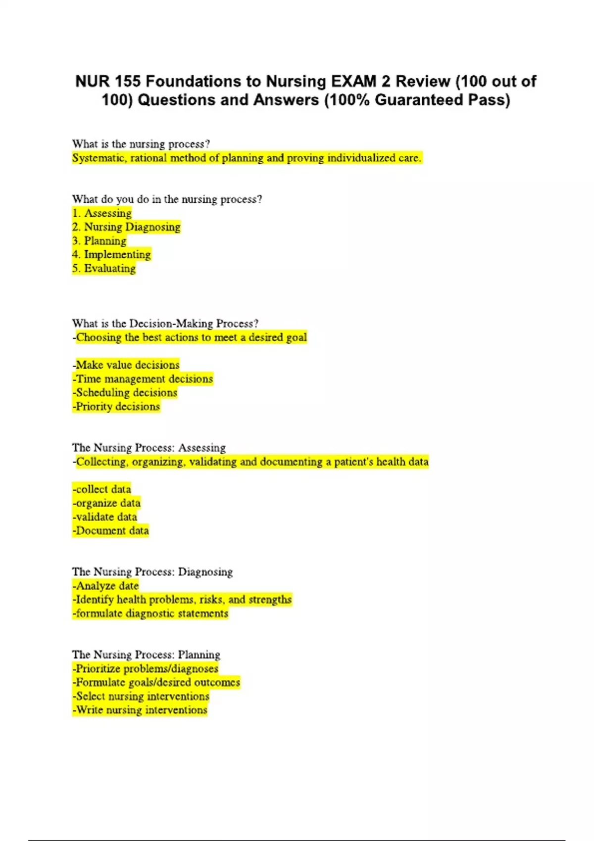 NUR 155 Foundations to Nursing EXAM 2 Review (100 out of 100) Questions ...