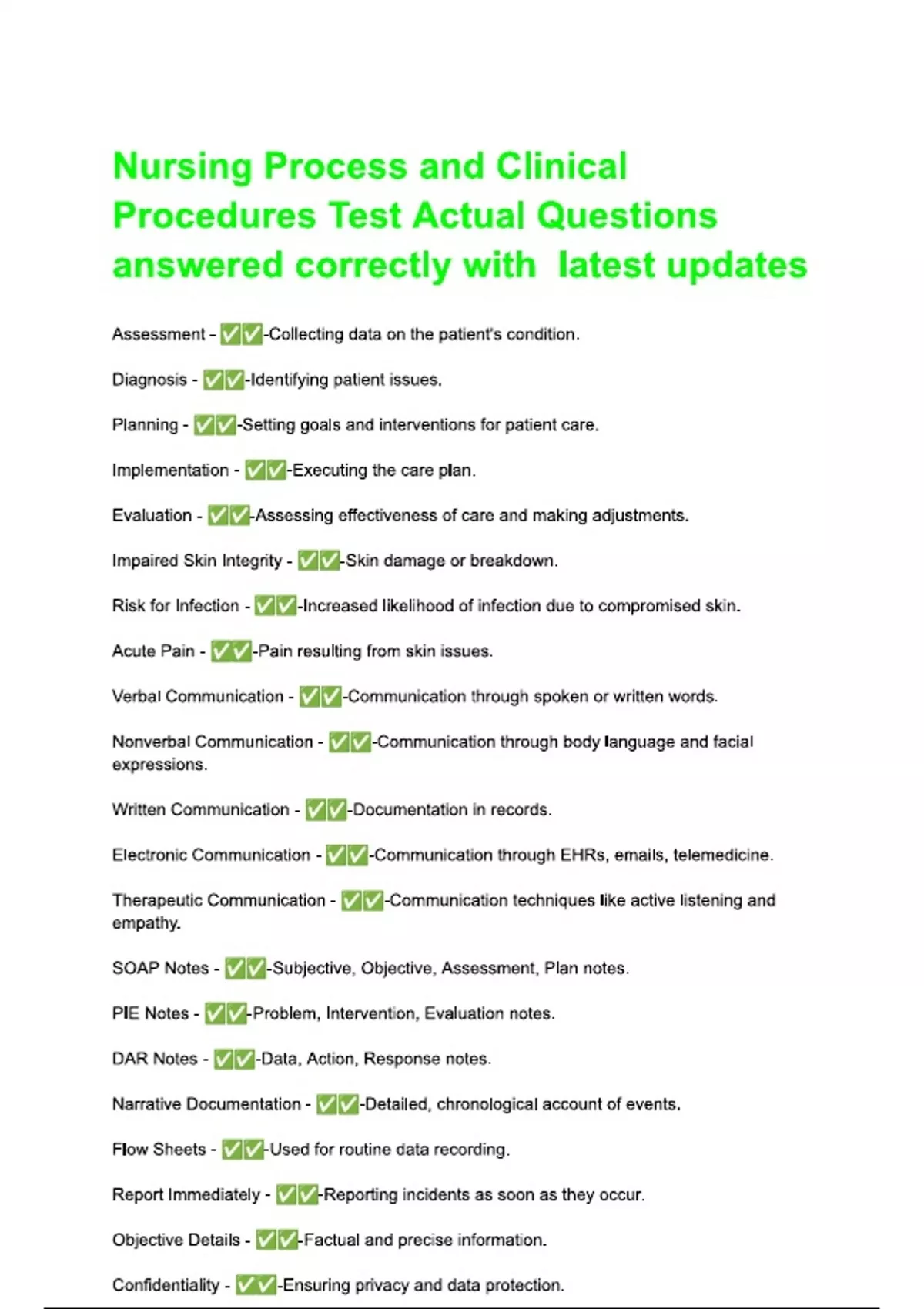 Nursing Process and Clinical Procedures Test Actual Questions answered ...