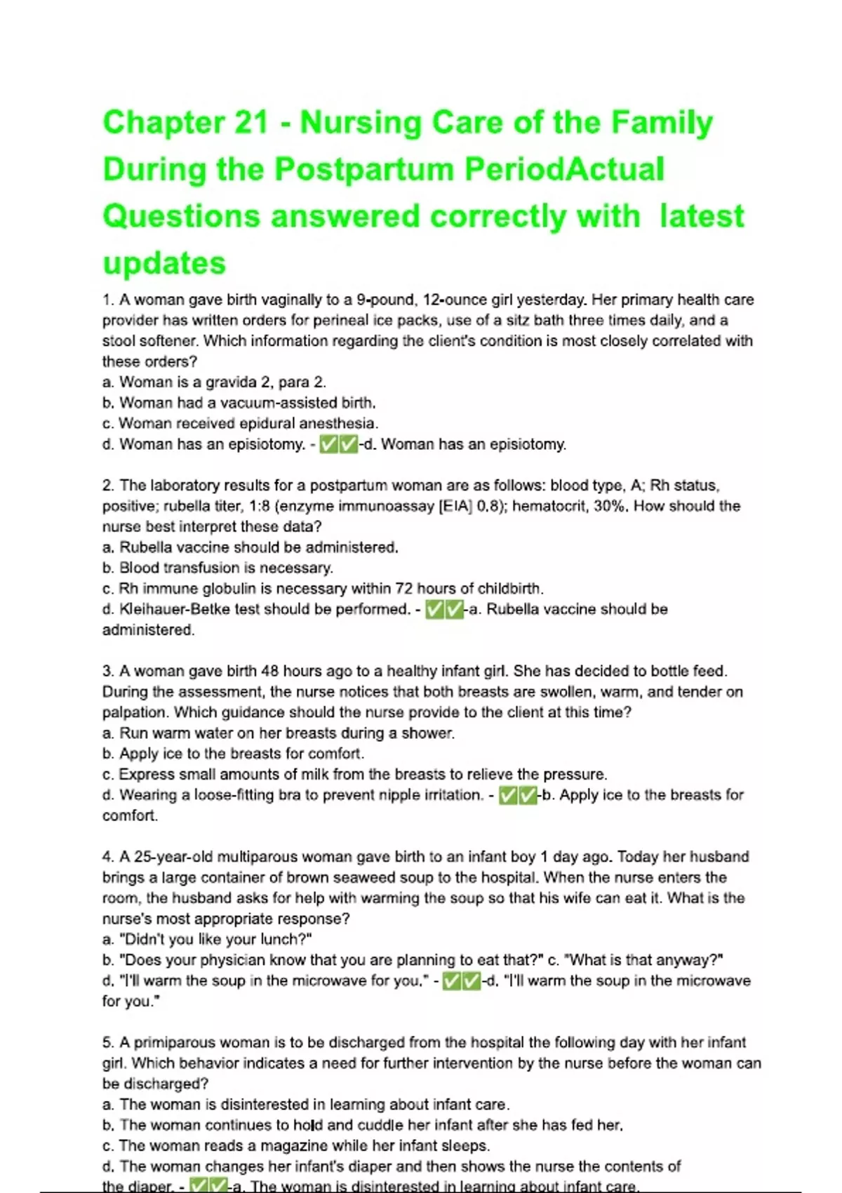 Chapter 21 - Nursing Care of the Family During the Postpartum ...