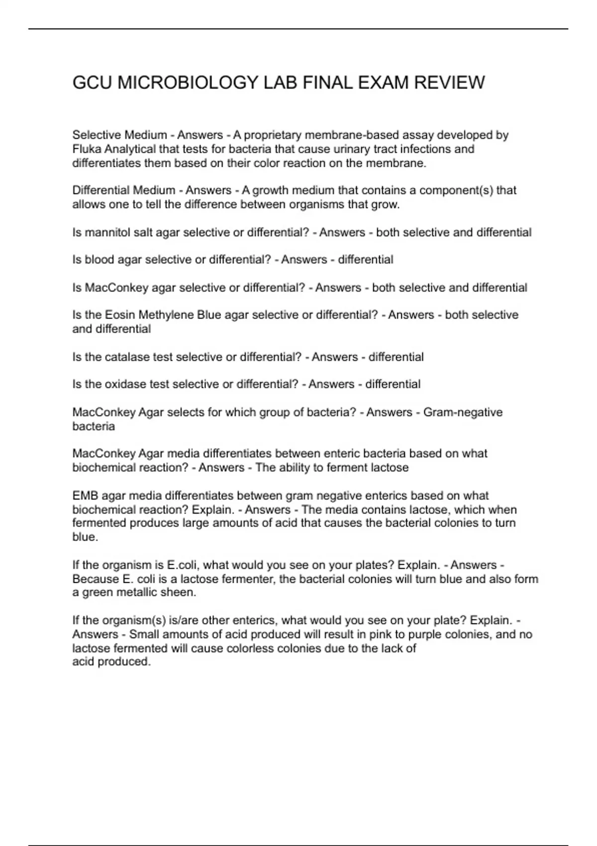GCU MICROBIOLOGY LAB FINAL EXAM REVIEW - GCU MICROBIOLOGY LAB - Stuvia US