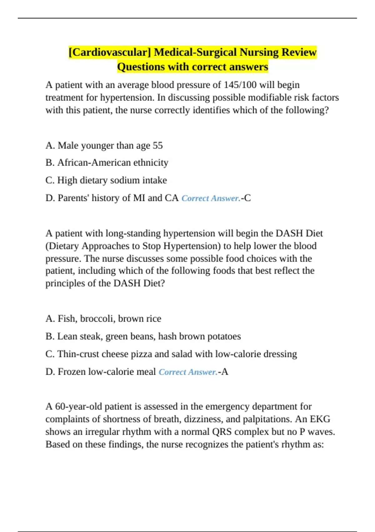[Cardiovascular] Medical-Surgical Nursing Review Questions with correct ...