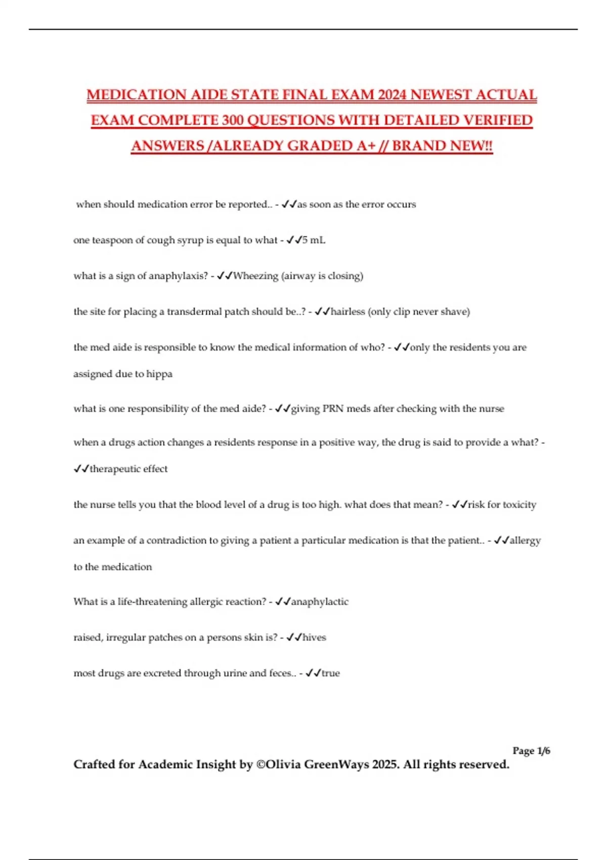 MEDICATION AIDE STATE FINAL EXAM 2024 NEWEST ACTUAL EXAM COMPLETE 300 ...