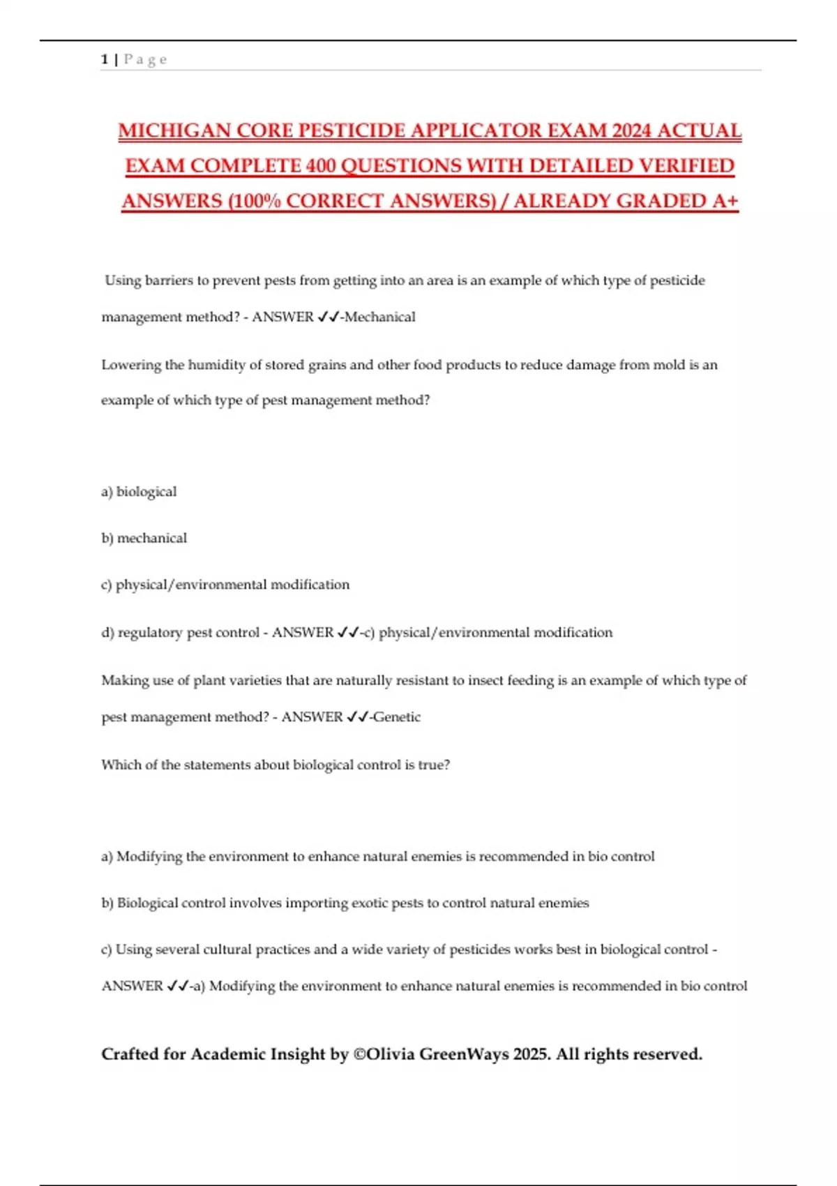 MICHIGAN CORE PESTICIDE APPLICATOR EXAM 2024 ACTUAL EXAM COMPLETE 400 QUESTIONS WITH DETAILED ...