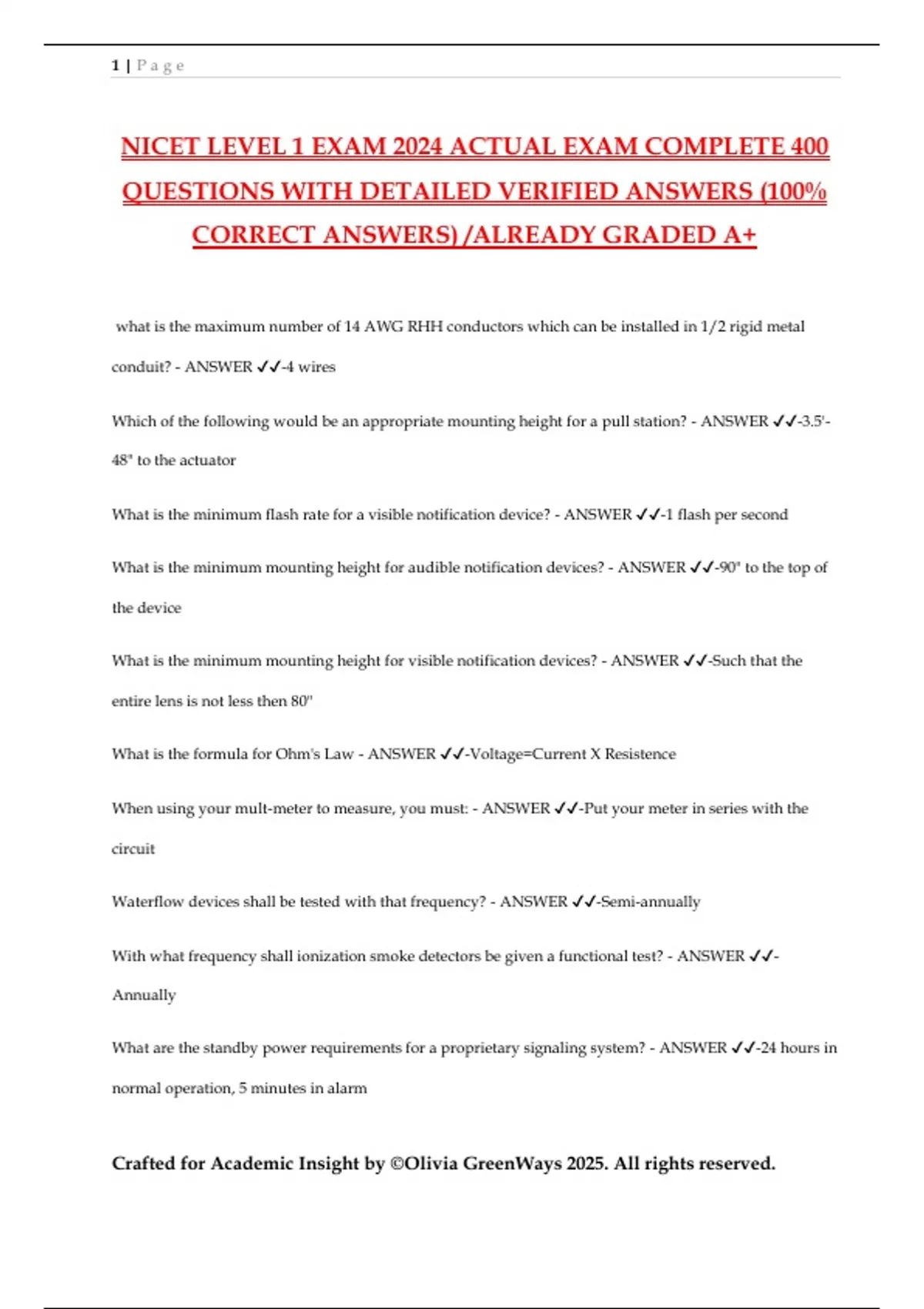 NICET LEVEL 1 EXAM 2024 ACTUAL EXAM COMPLETE 400 QUESTIONS WITH ...