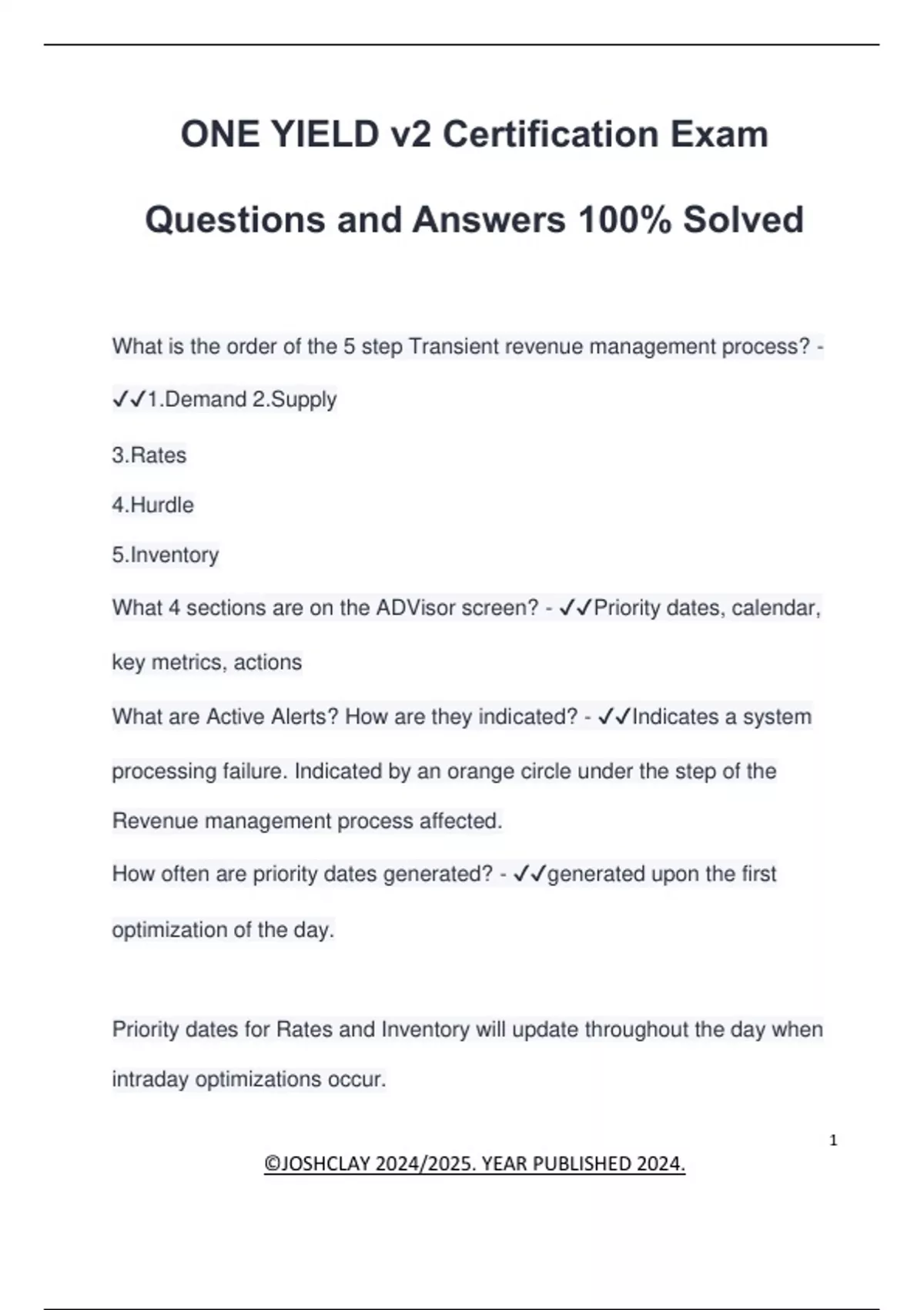 ONE YIELD V2 EXAM PACKAGE DEAL QUESTIONS AND VERIFIED DETAILED ANSWERS ...