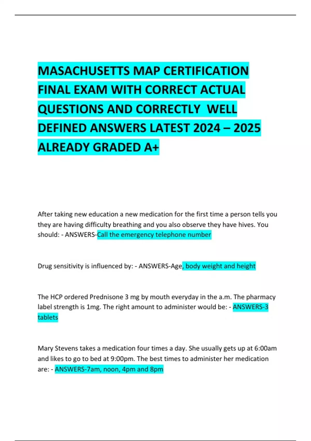 MASACHUSETTS MAP CERTIFICATION FINAL EXAM WITH CORRECT ACTUAL QUESTIONS ...