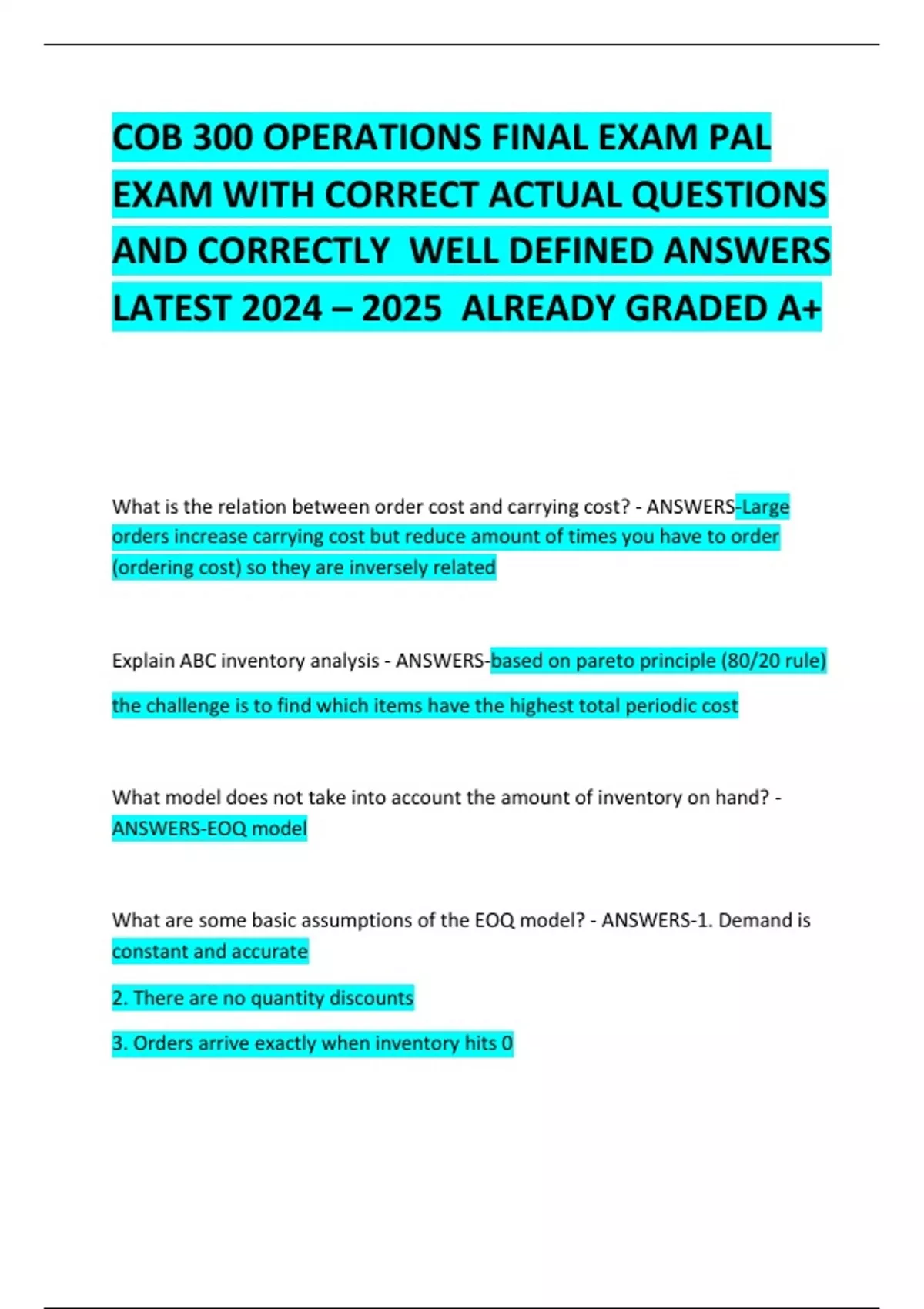 COB 300 OPERATIONS FINAL EXAM PAL EXAM WITH CORRECT ACTUAL QUESTIONS ...