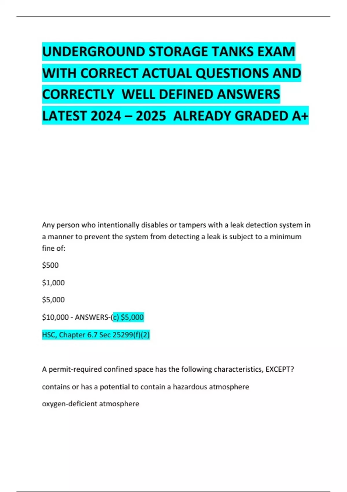 UNDERGROUND STORAGE TANKS EXAM WITH CORRECT ACTUAL QUESTIONS AND ...