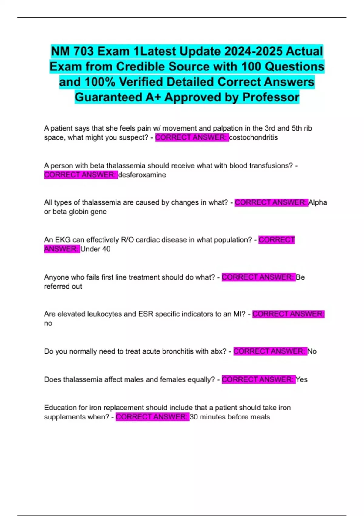 NM 703 Exam 1Latest Update Actual Exam from Credible Source with 100 ...