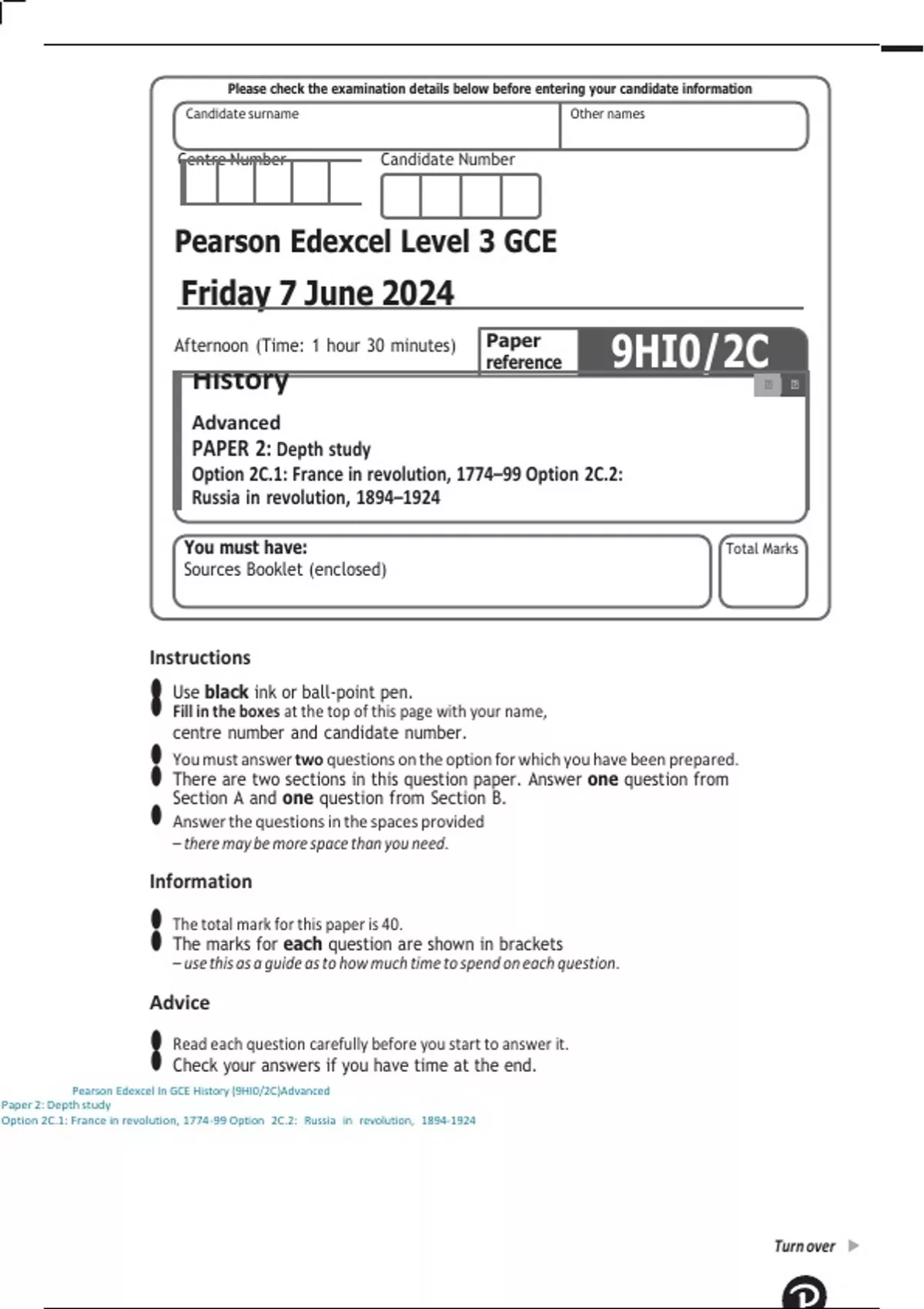 2024 Pearson Edexcel In GCE History (9HI0/2C) Advanced Paper 2: Depth ...