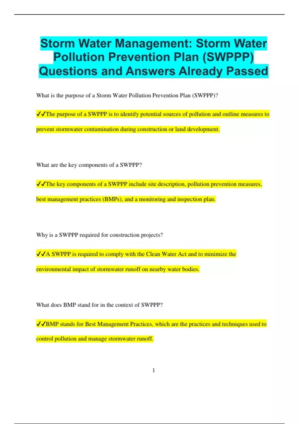 Storm Water Management: Storm Water Pollution Prevention Plan (SWPPP) Questions and Answers ...