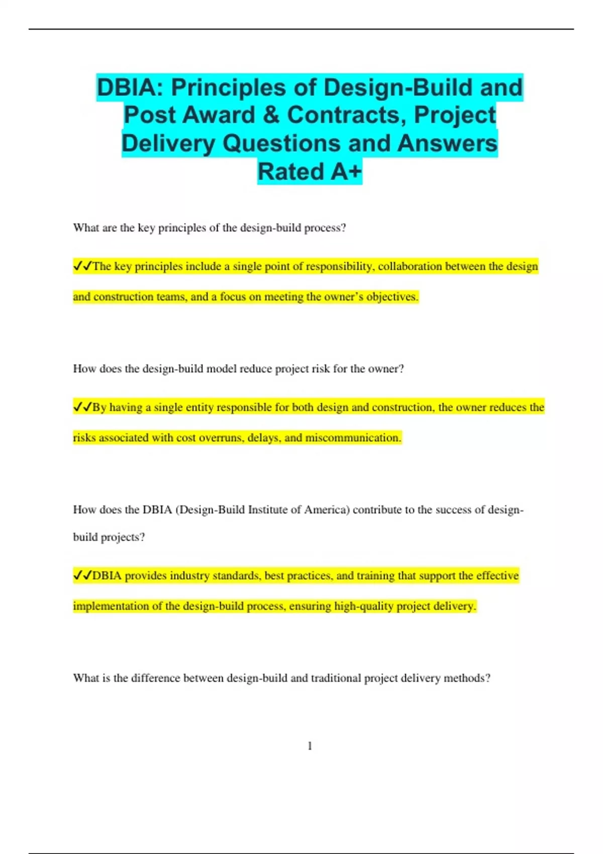 DBIA: Principles of Design-Build and Post Award & Contracts, Project ...