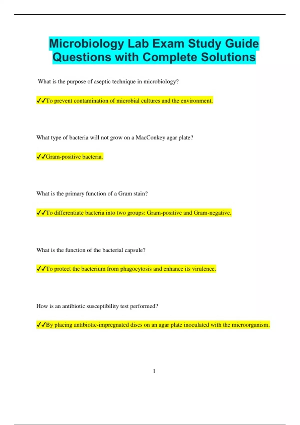 Microbiology Lab Exam Study Guide Questions with Complete Solutions ...