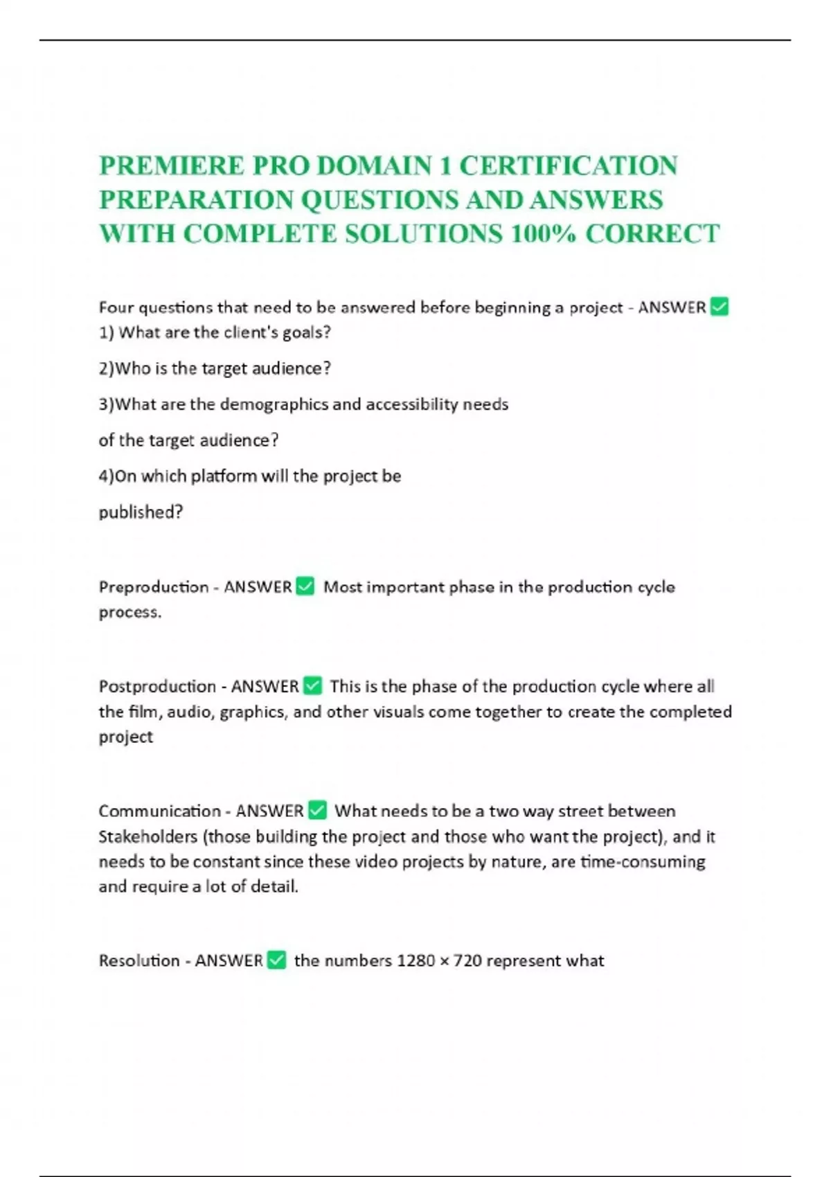 PREMIERE PRO DOMAIN 1 CERTIFICATION PREPARATION QUESTIONS AND ANSWERS ...