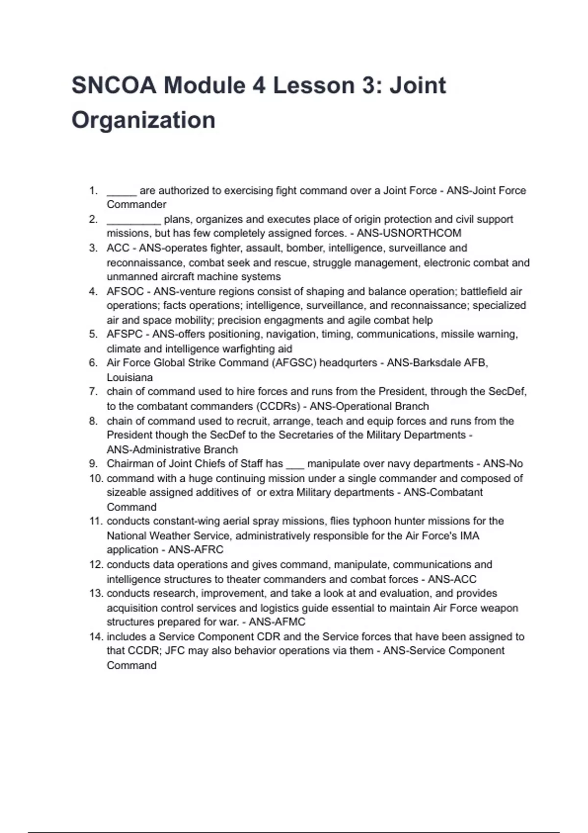 SNCOA JNT-301S THE AIR FORCE JOINT OPERATIONS ALL EXAMS QUESTIONS AND ...