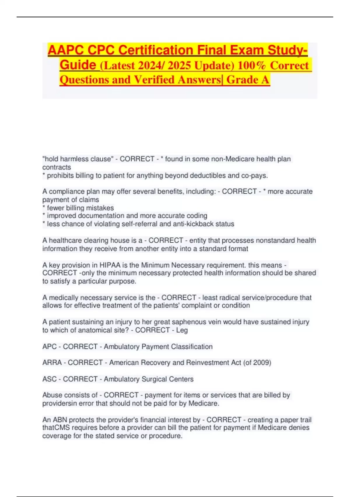 AAPC CPC Certification Final Exam Study-Guide (Latest 2024/ 2025 Update ...