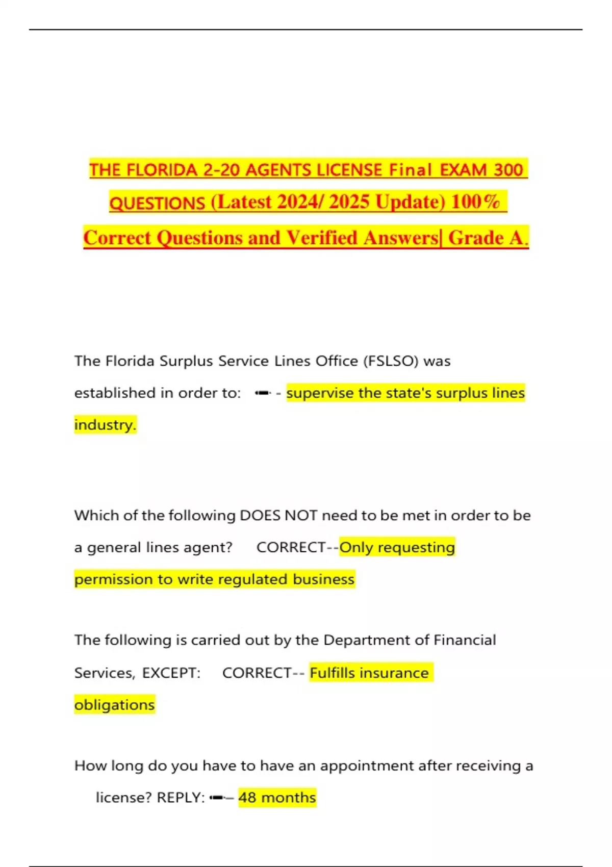 THE FLORIDA 2-20 AGENTS LICENSE Final EXAM 300 QUESTIONS (Latest 2024/ ...