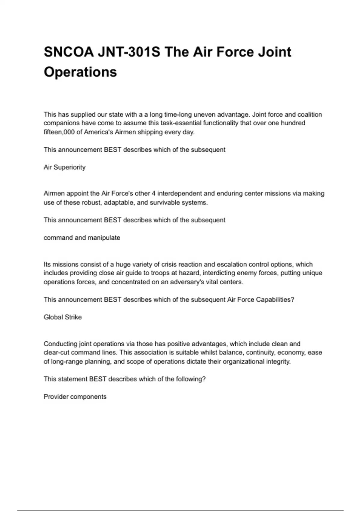 SNCOA JNT-301S The Air Force Joint Operations QUESTIONS AND CORRECT ...