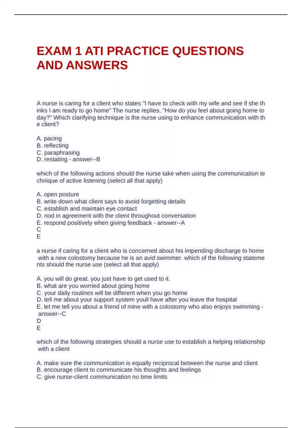 EXAM 1 ATI PRACTICE QUESTIONS AND ANSWERS - ATI - Stuvia US