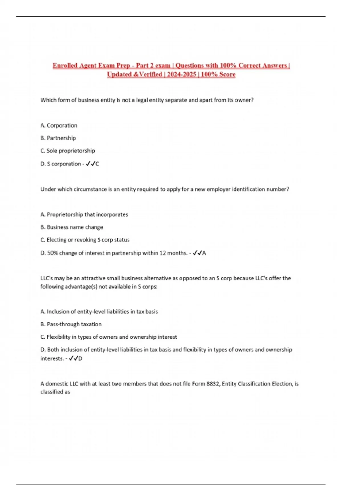 Enrolled Agent Exam Prep - Part 2 exam | Questions with 100% Correct ...