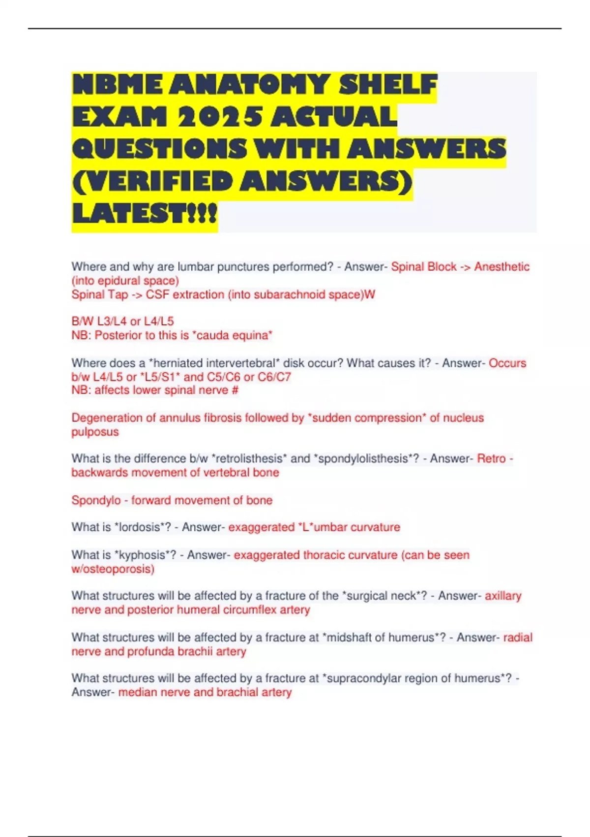 NBME ANATOMY SHELF EXAM 2025 ACTUAL QUESTIONS WITH ANSWERS (VERIFIED ...