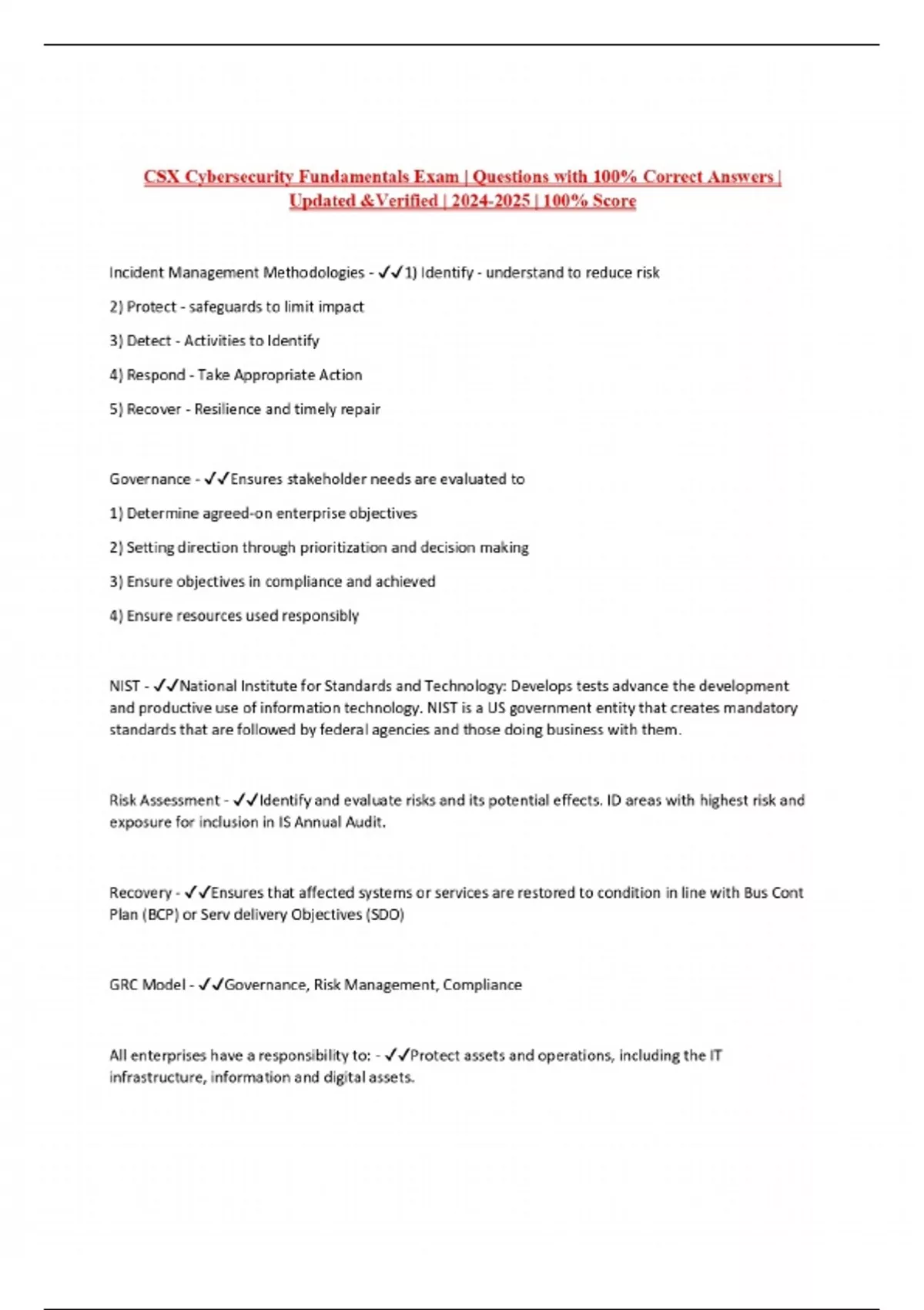 CSX Cybersecurity Fundamentals Exam | Questions with 100% Correct ...