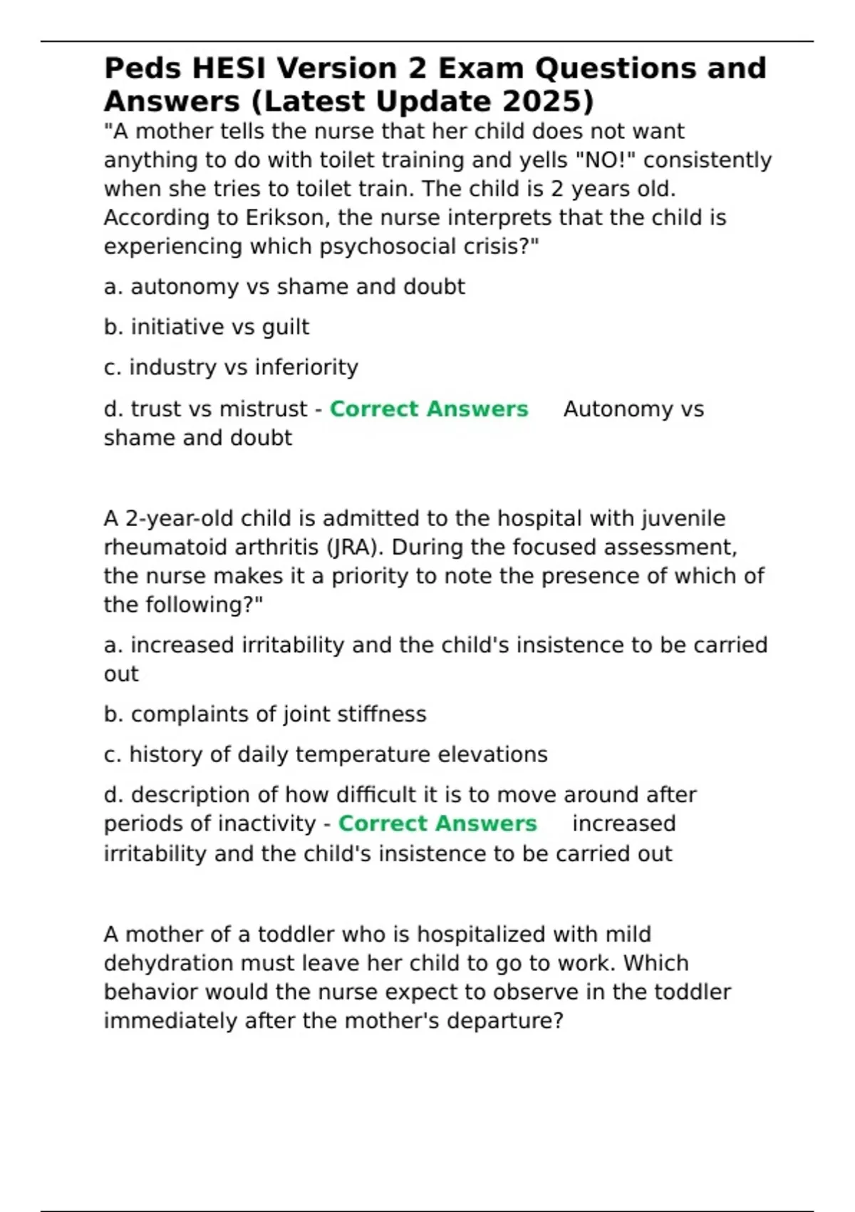 Peds HESI Version 2 Exam Questions and Answers (Latest Update 2025 ...