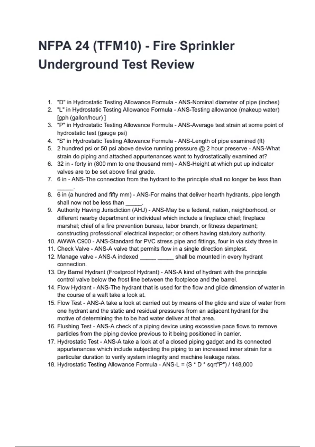 NFPA 24 (TFM10) - Fire Sprinkler Underground Test Review QUESTIONS AND ...