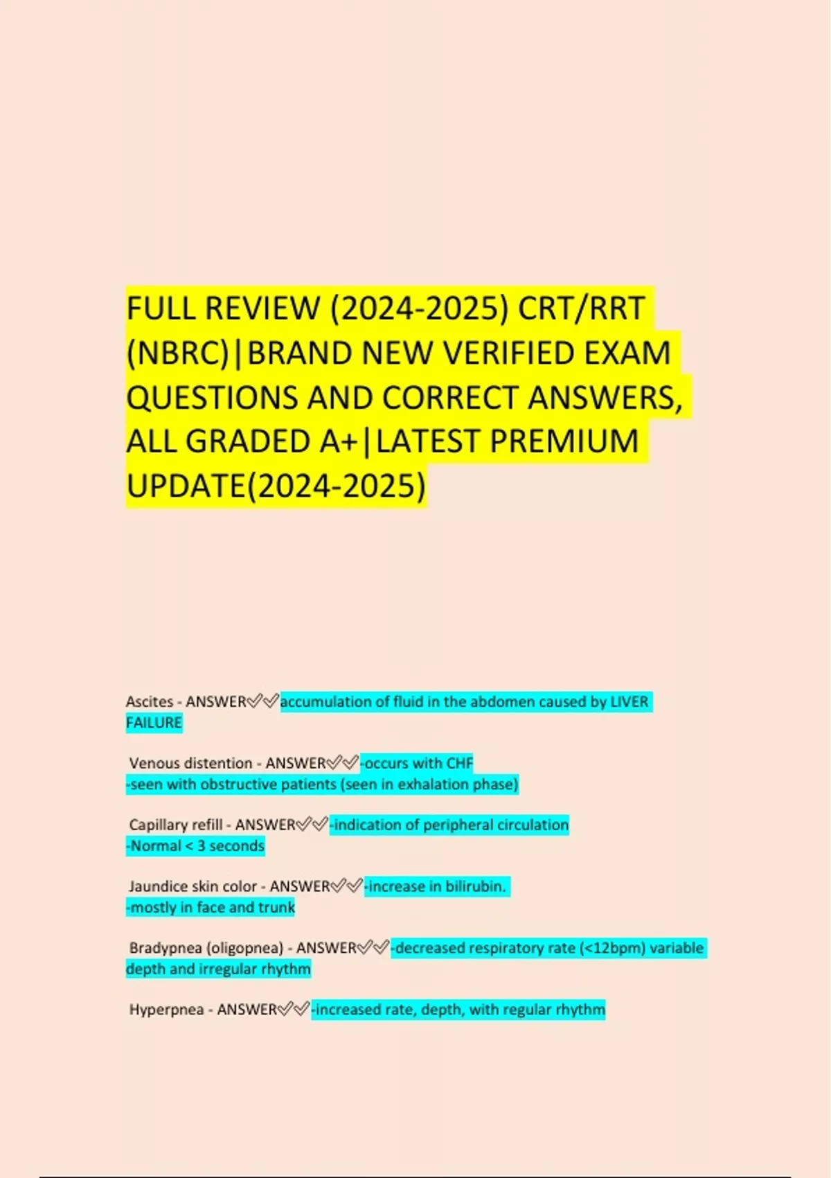 FULL REVIEW () CRT/RRT (NBRC)|BRAND NEW VERIFIED EXAM QUESTIONS AND ...