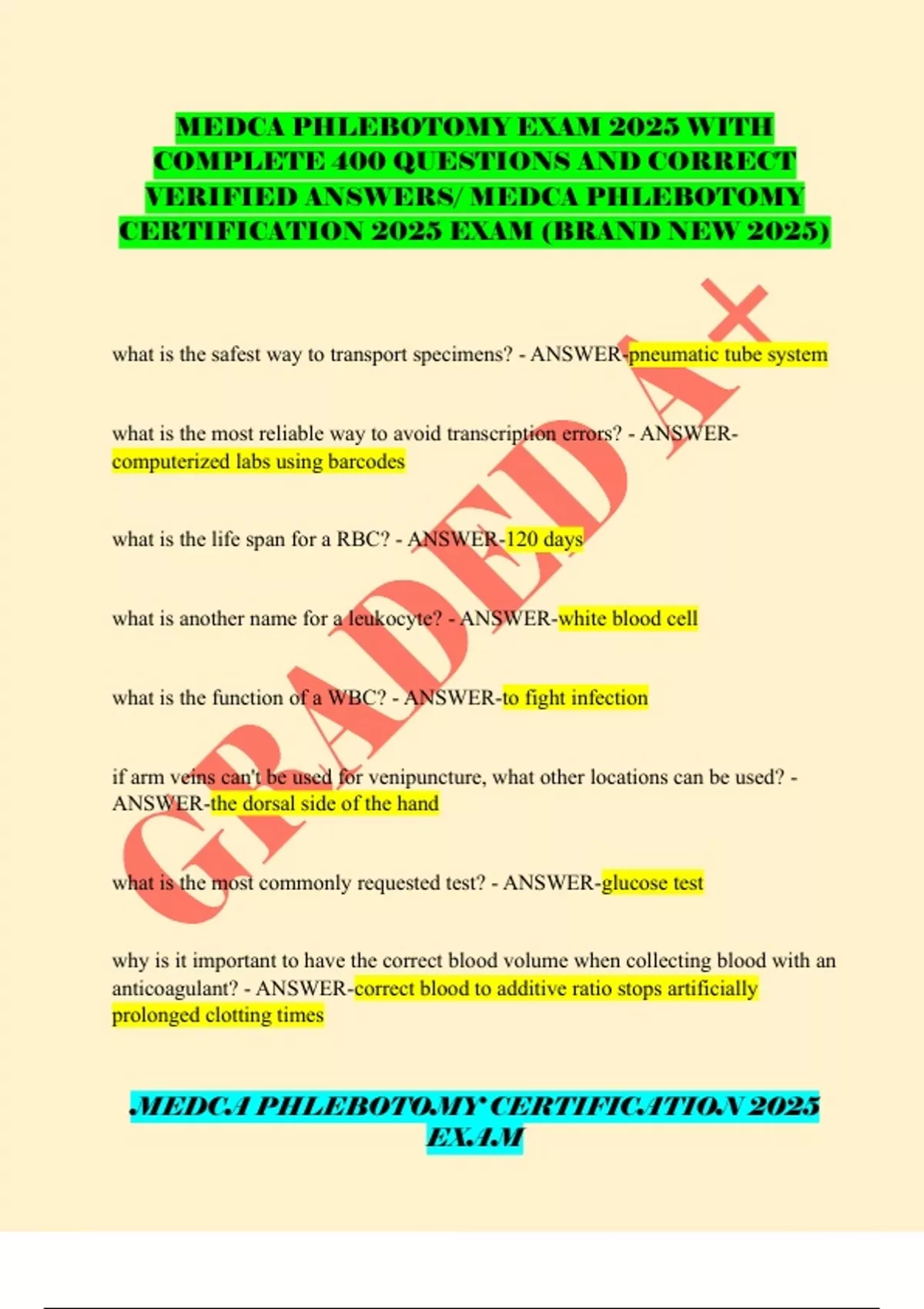 MEDCA PHLEBOTOMY EXAM 2025 WITH COMPLETE 400 QUESTIONS AND CORRECT ...