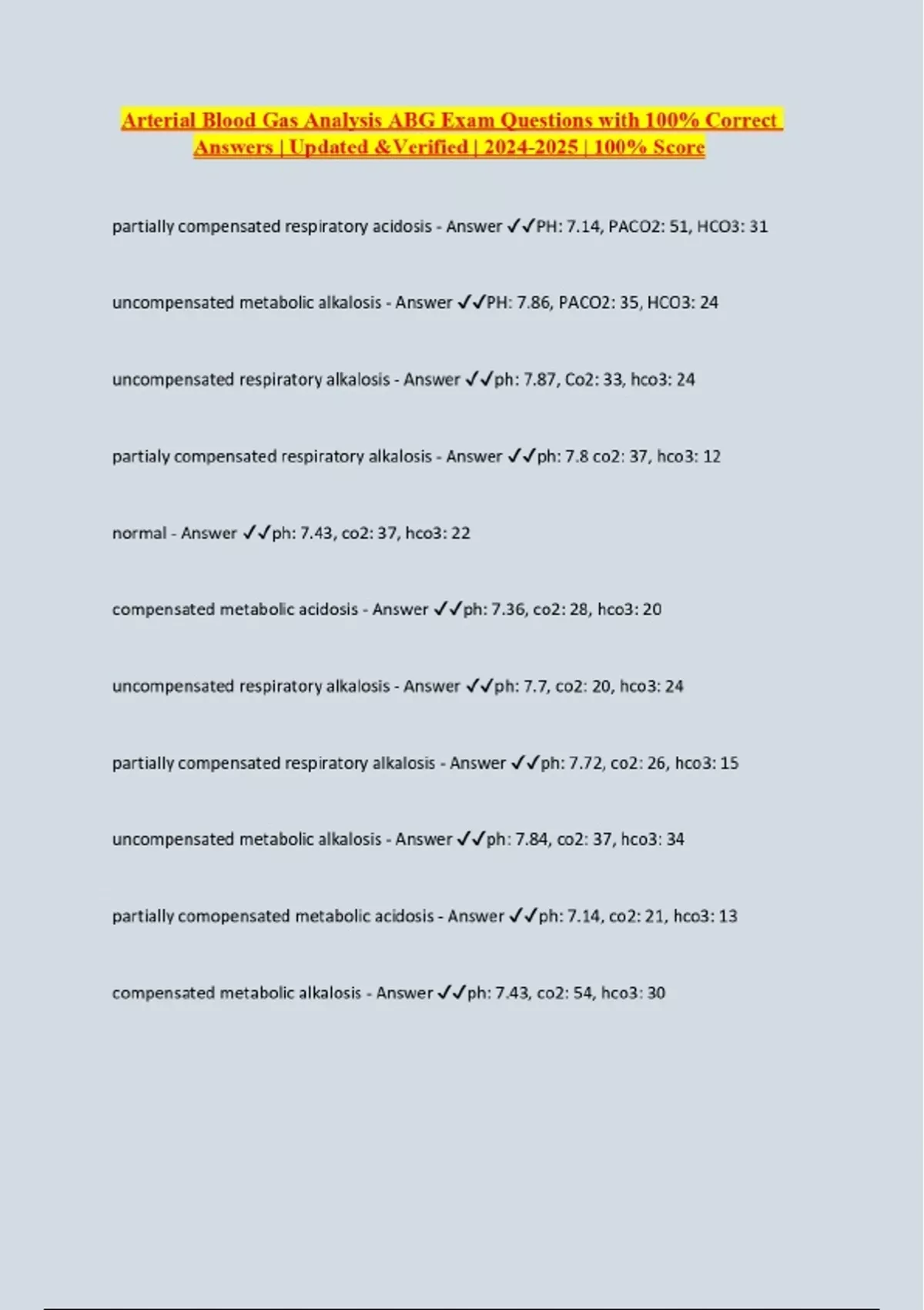 Arterial Blood Gas Analysis ABG Exam Questions with 100% Correct ...