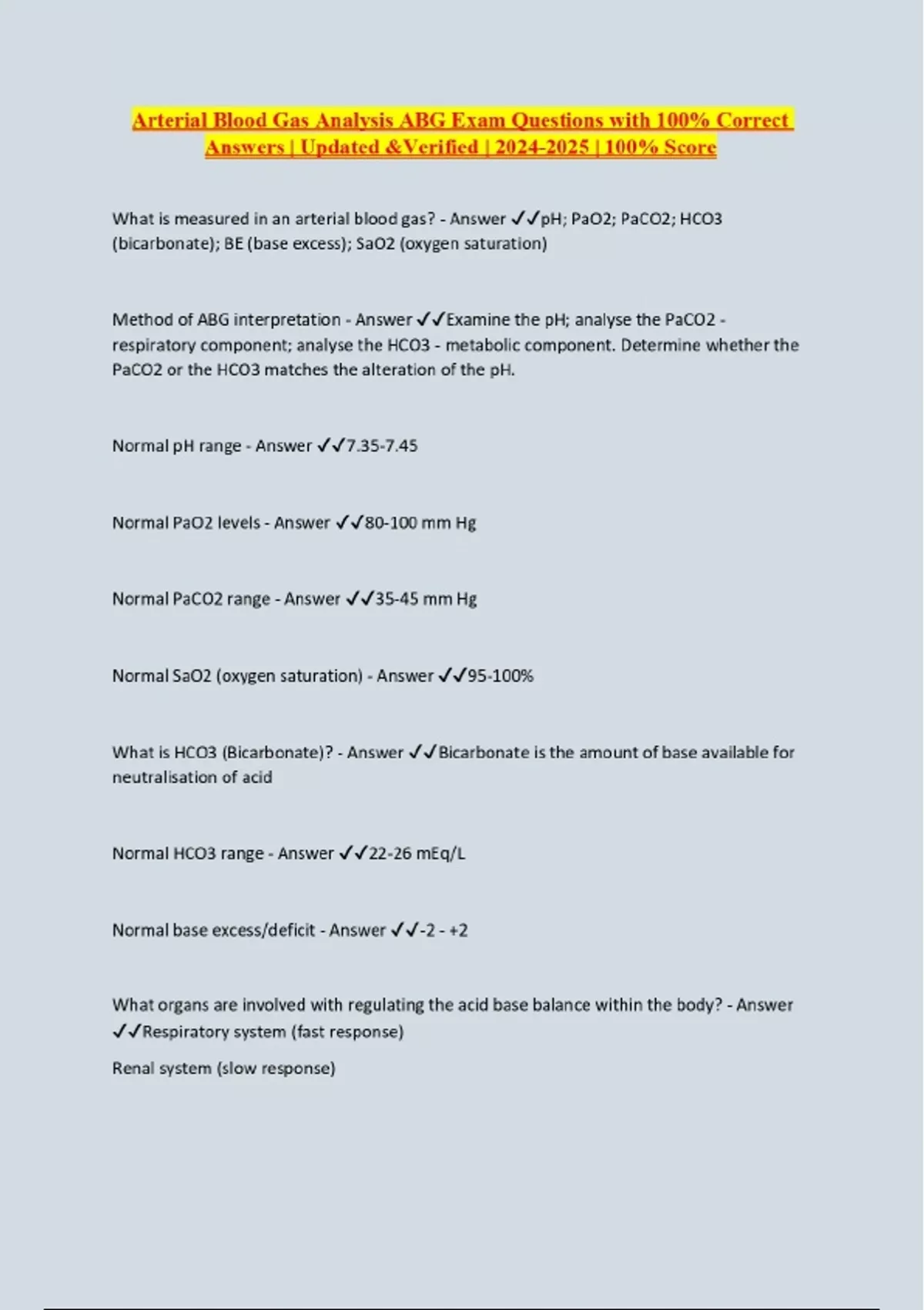 Arterial Blood Gas Analysis ABG Exam Questions with 100% Correct ...