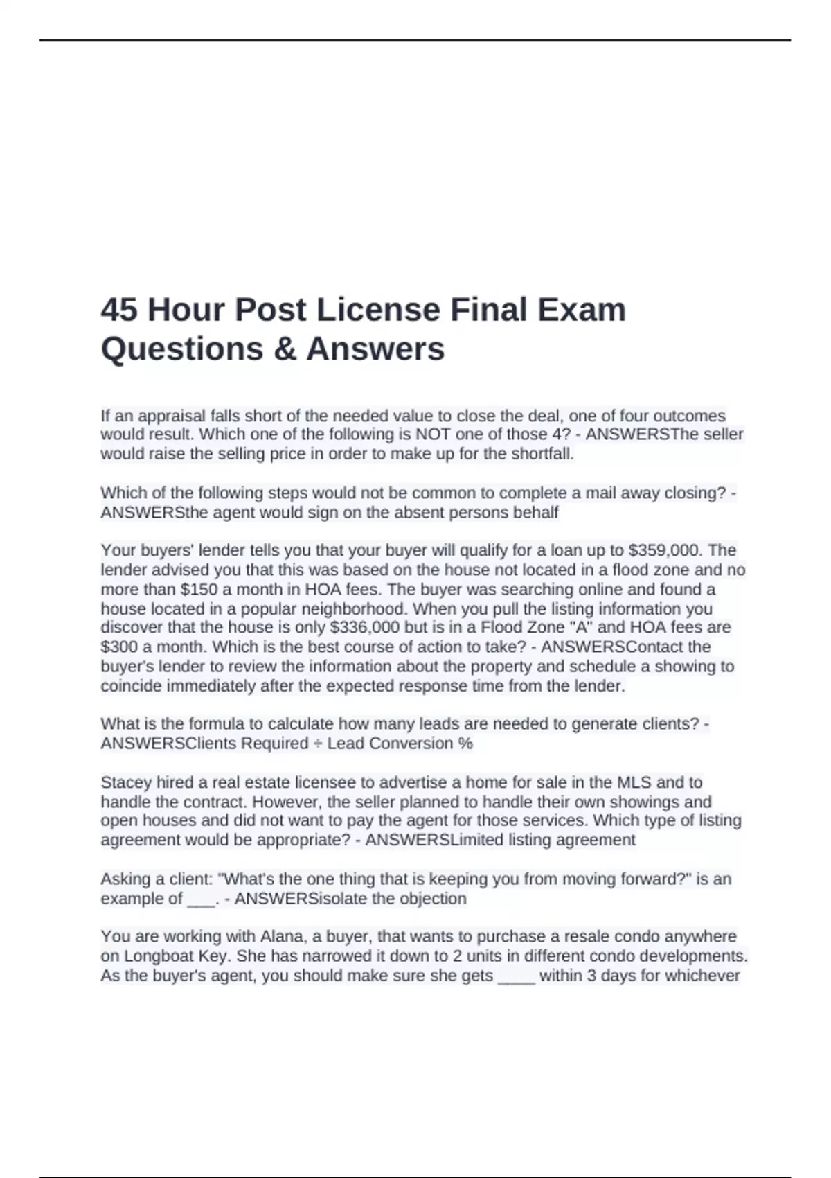 45 Hour Post License Final Exam Questions & Answers - 45 Hour Post ...